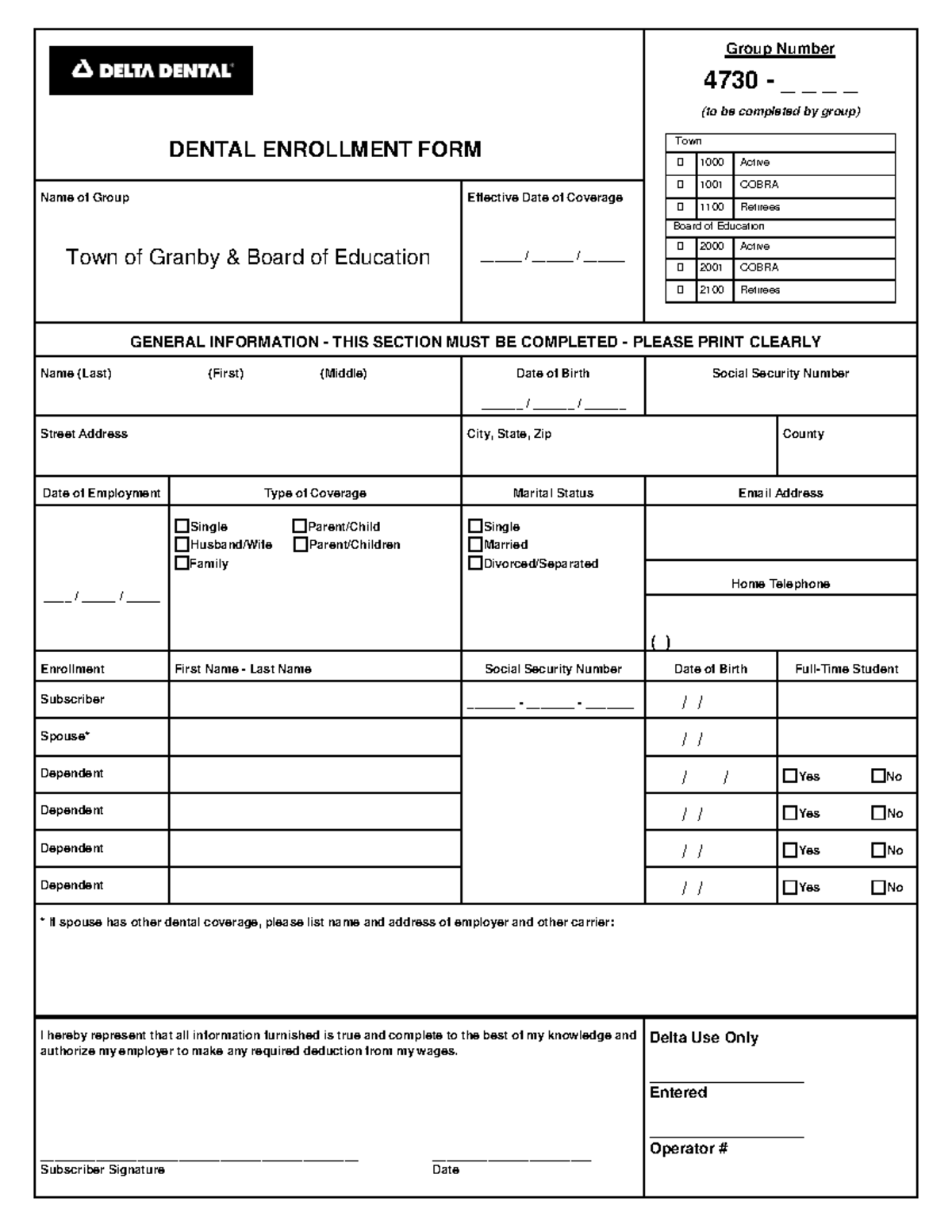 Delta dental enrollment fillable form - Group Number 4730 - _ _ _ _ (to ...