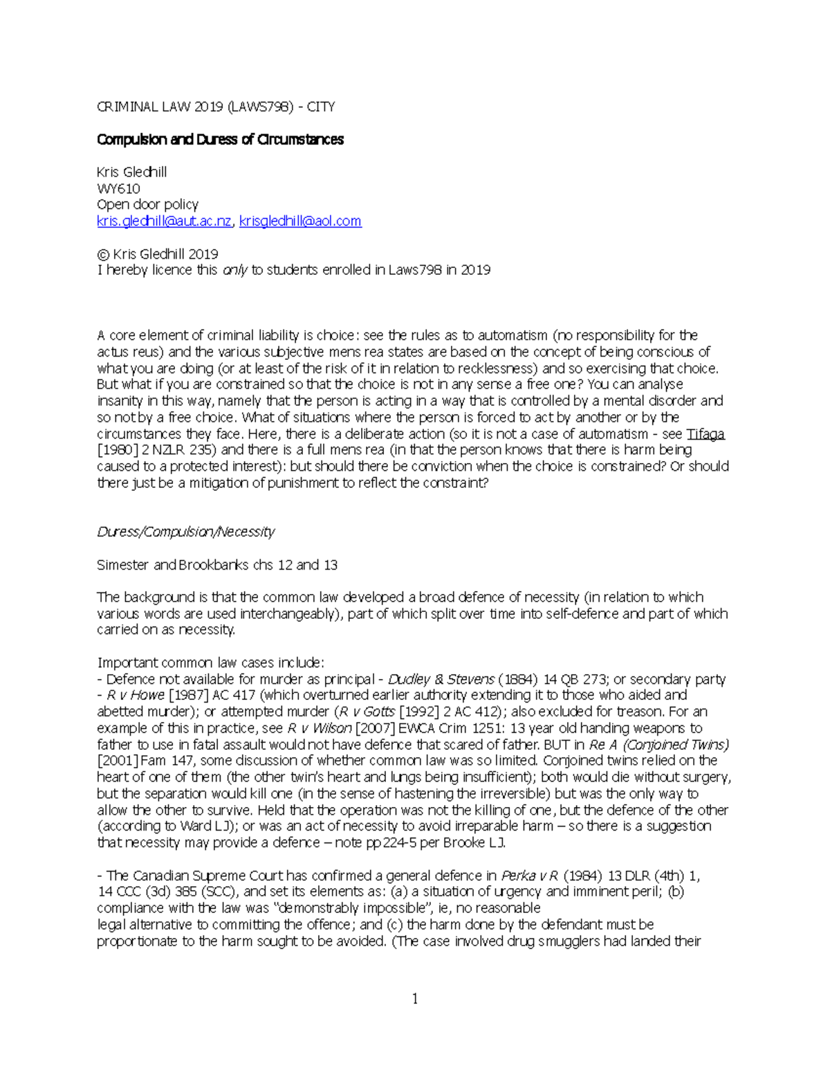 Handout 2 - Compulsion and Duress - CRIMINAL LAW 2019 (LAWS798) CITY ...