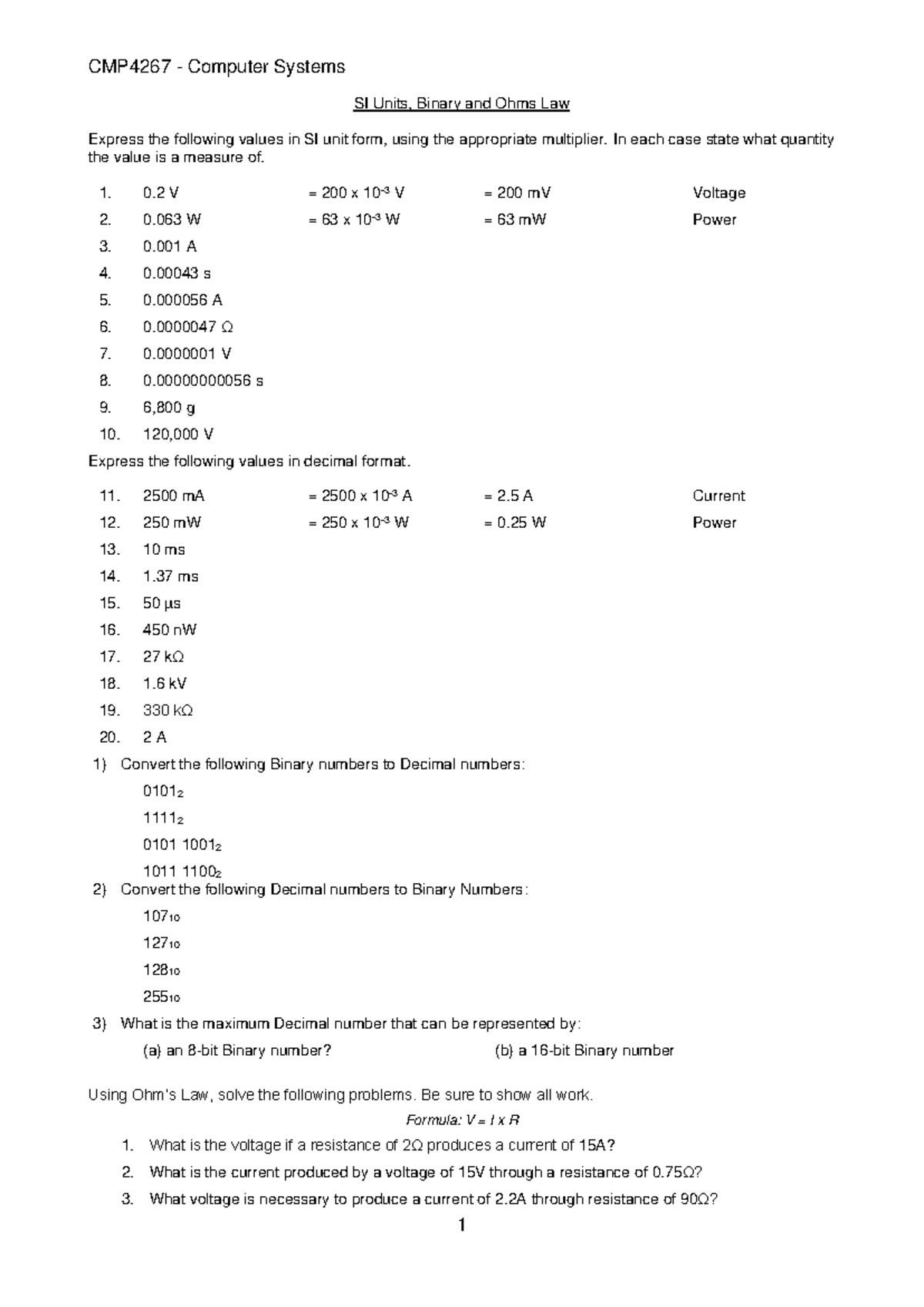 Task1 - SI units conversion - CMP4267 - Computer Systems 1 SI Units ...
