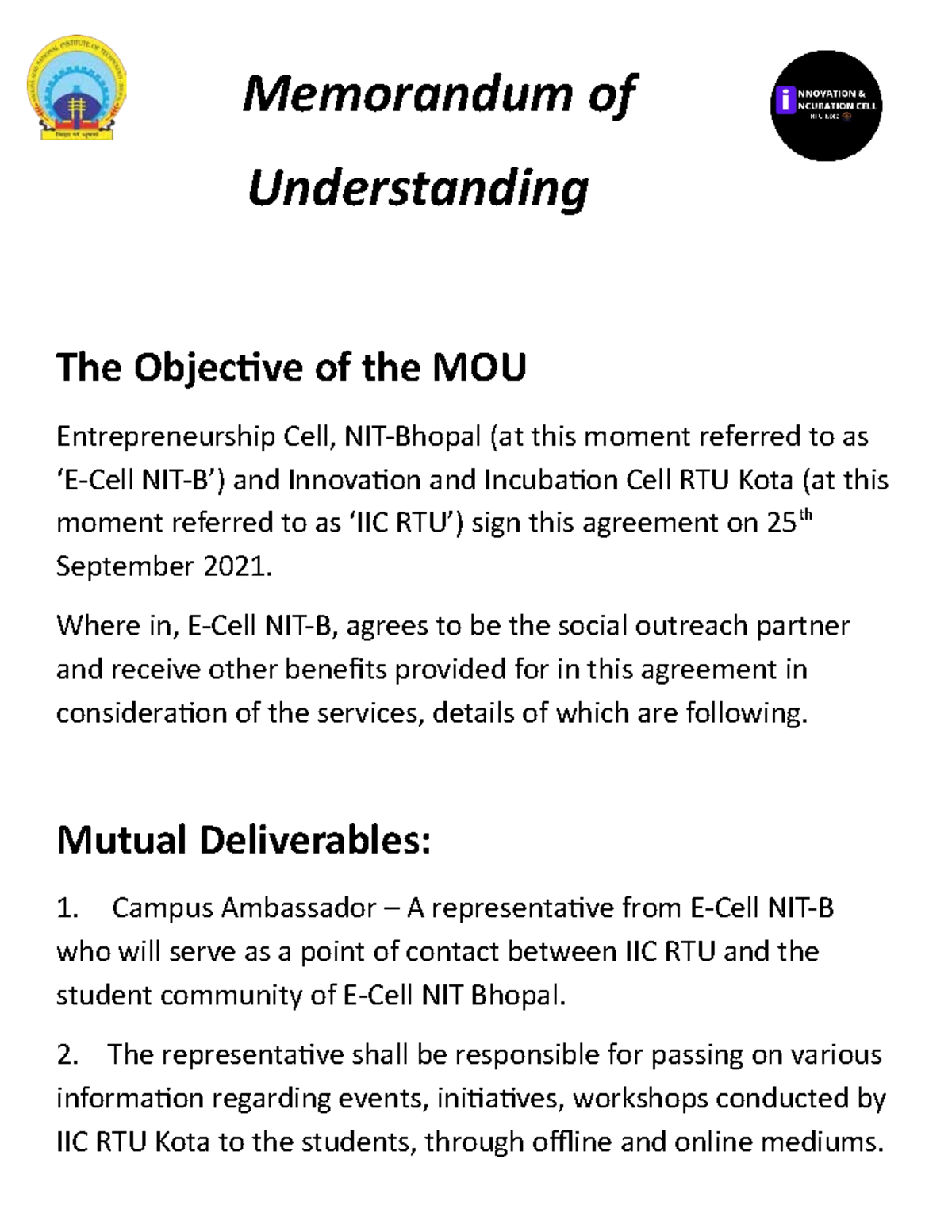 Memorandum of Understanding for our project - Memorandum of ...
