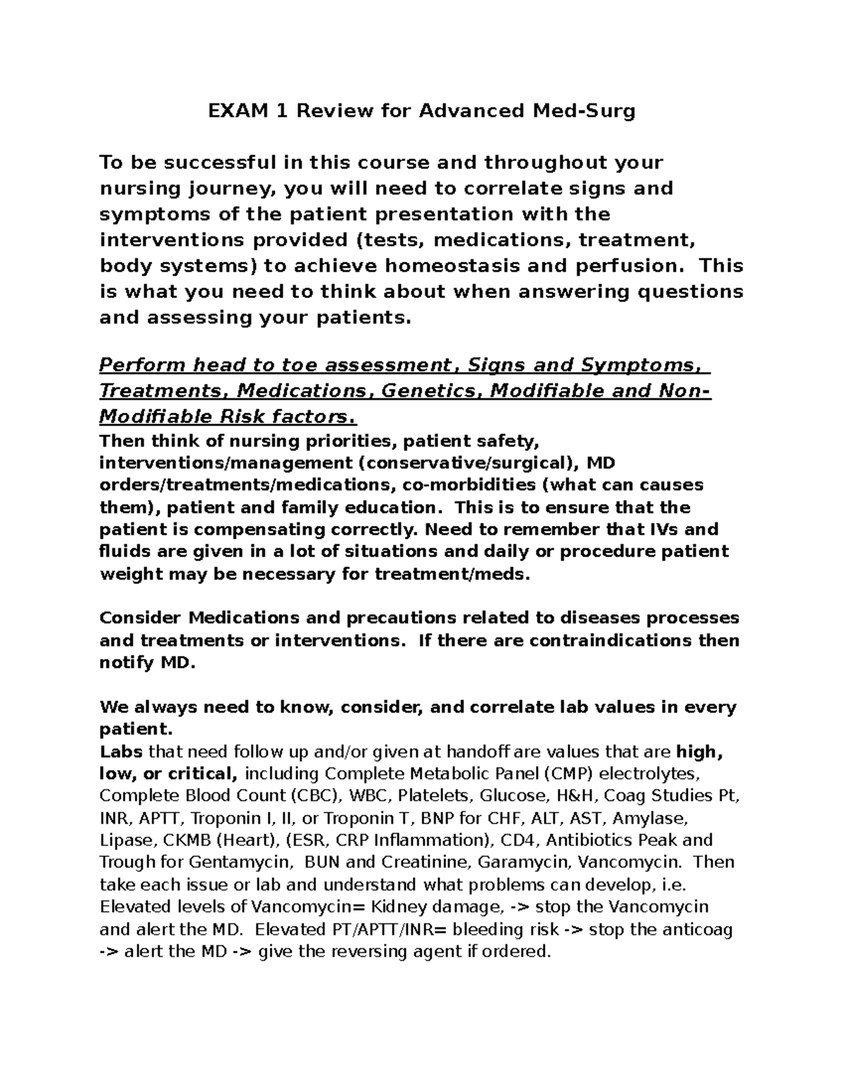 Exam 1 review 101824-2 - notes - EXAM 1 Review for Advanced Med-Surg To ...
