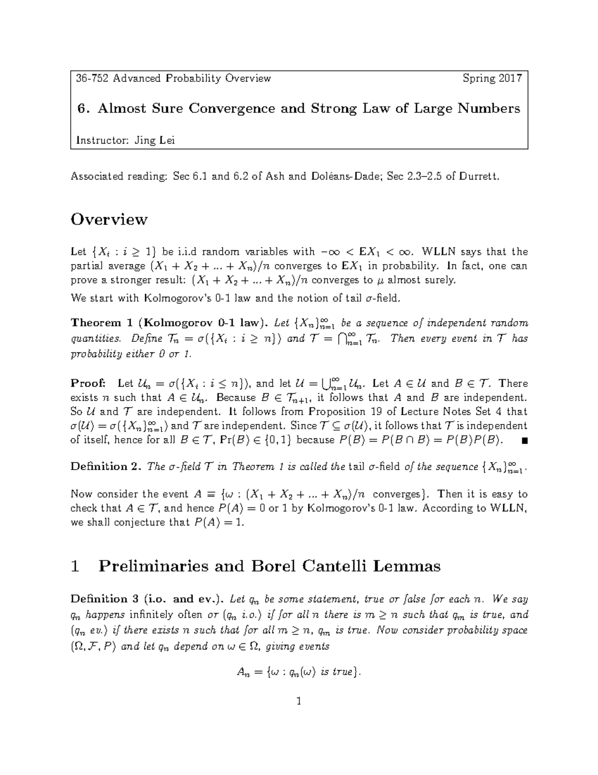 Lec notes 6 - Almost Sure Convergence and Strong Law of Large Numbers ...
