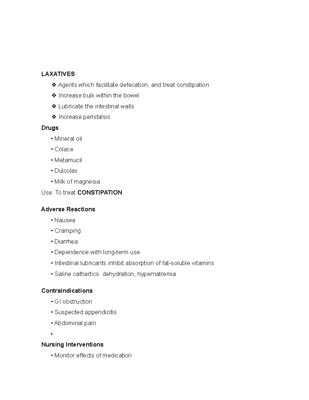Laxatives - NOTES - LAXATIVES Agents which facilitate defecation, and ...