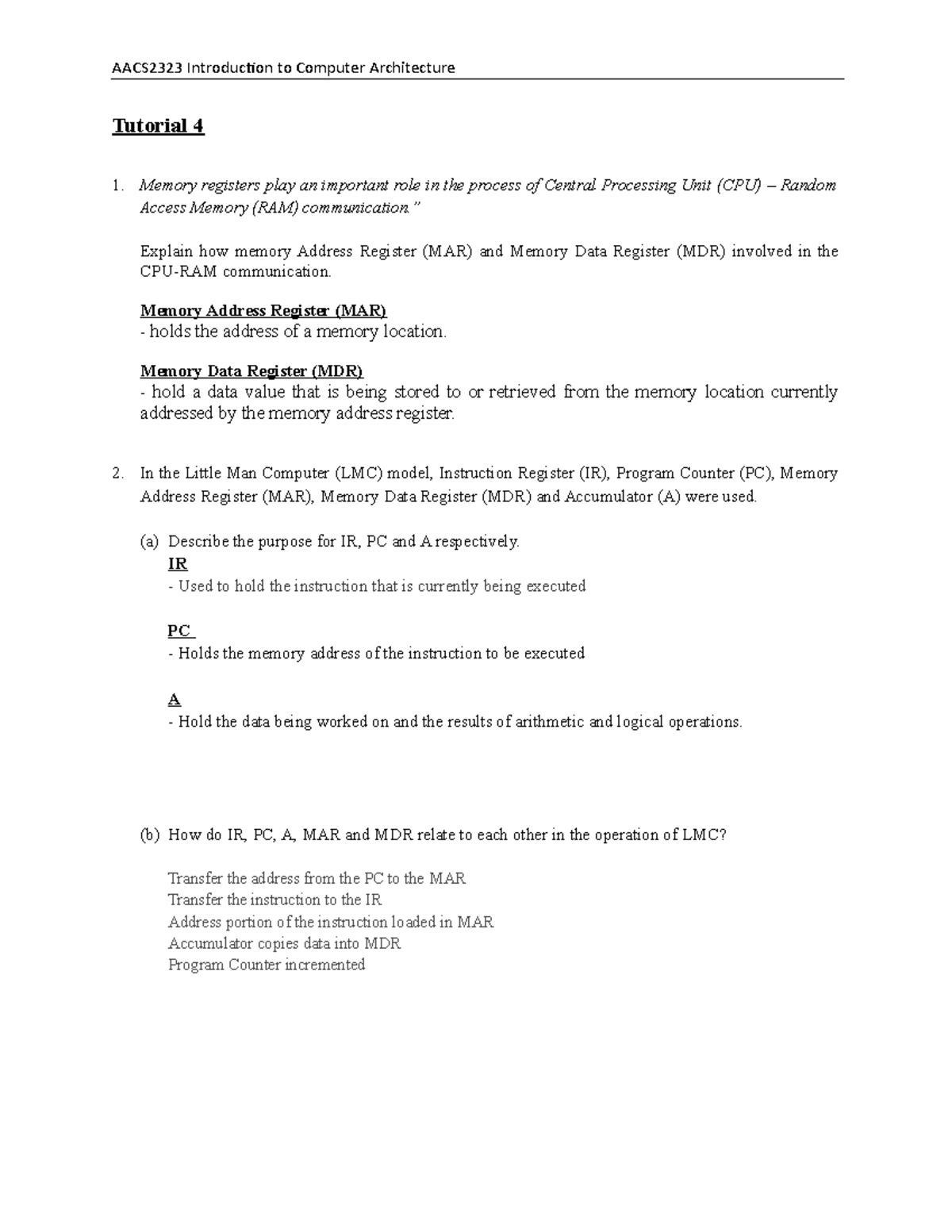 Tutorial 4 Part1 - AACS2323 Introduction to Computer Architecture ...