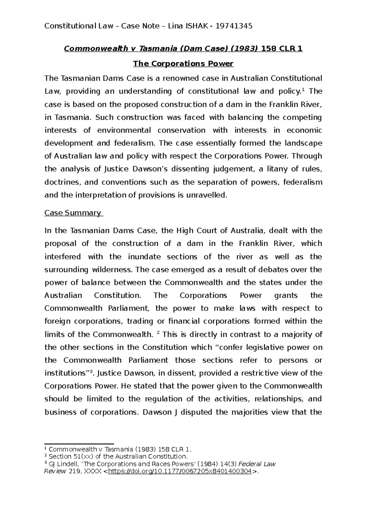 Costitutional Law - Case Note - Commonwealth v Tasmania (Dam Case ...