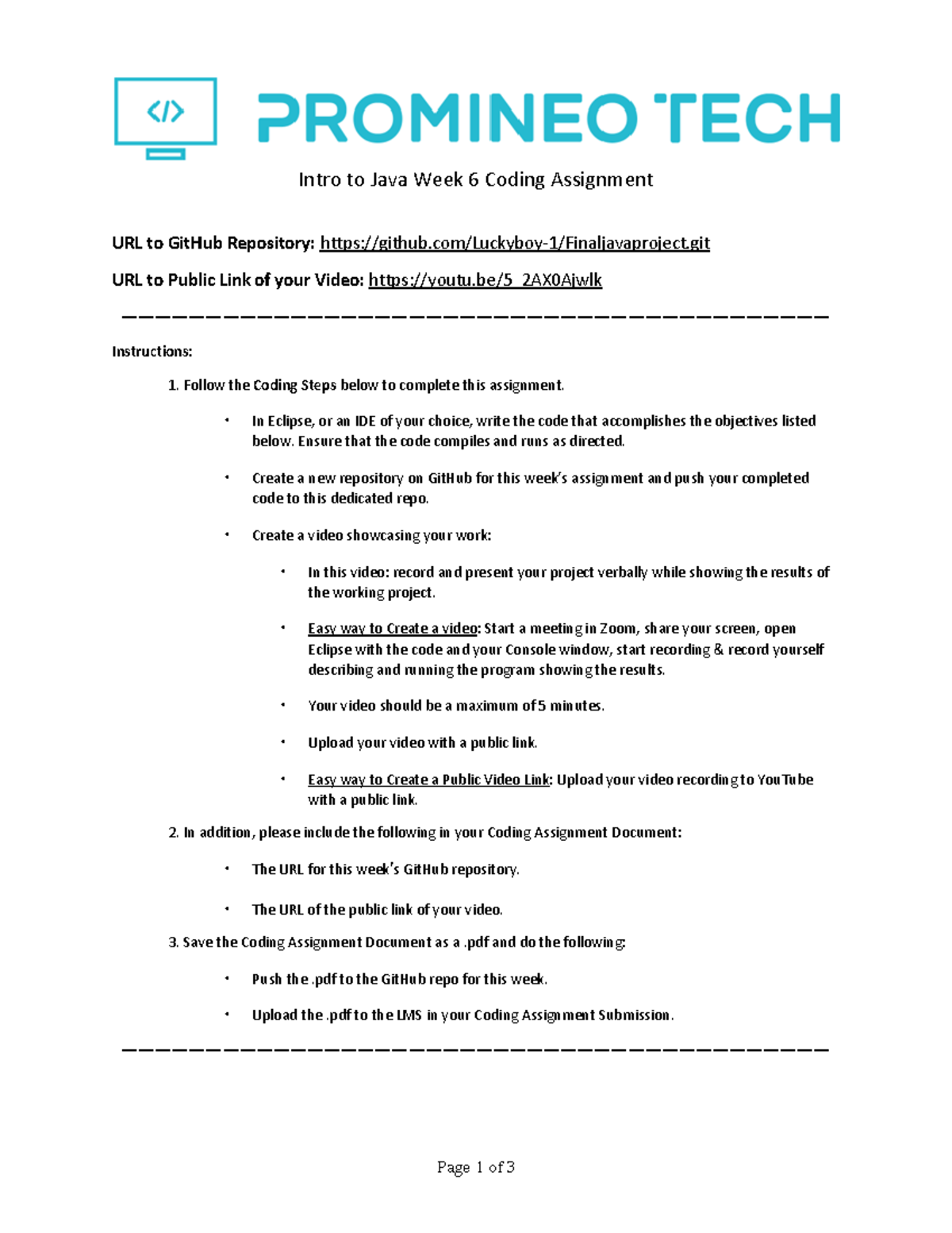 Java-Week6 Final-Project-3 - Intro to Java Week 6 Coding Assignment Page 1 of 3 URL to GitHub ...