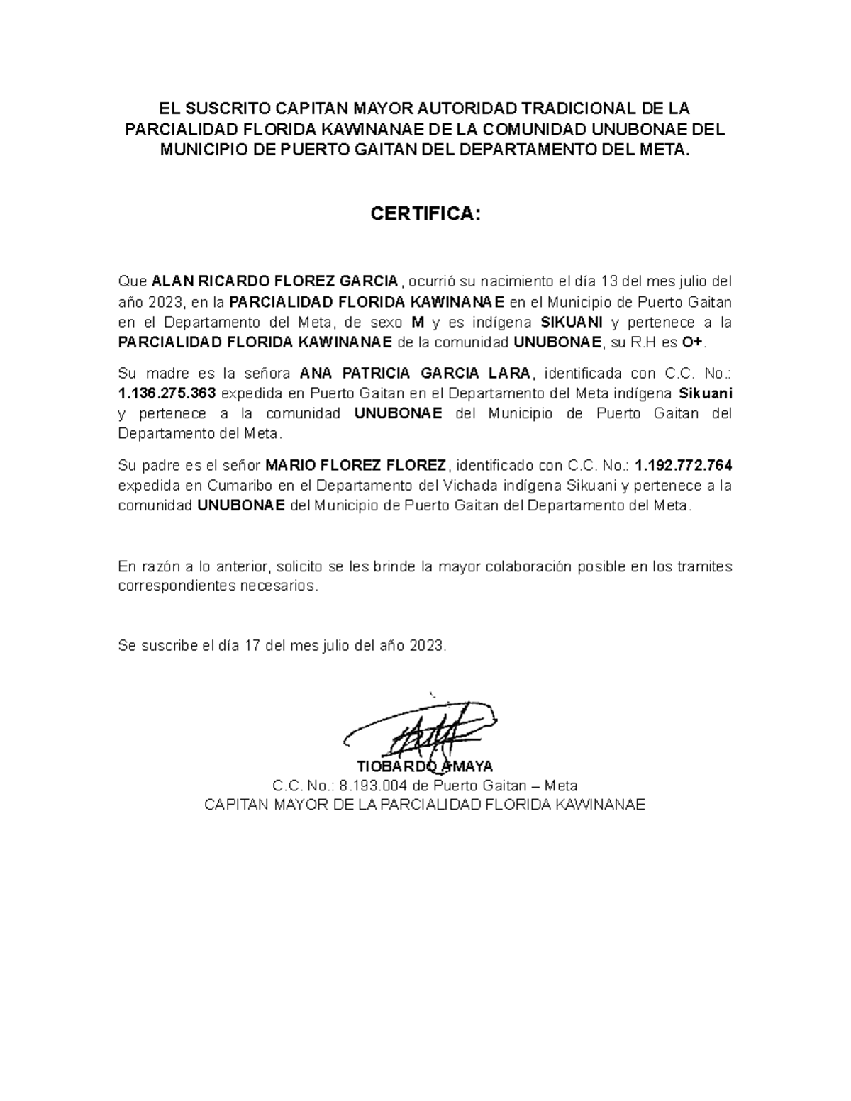 Nacido VIVO - cdcdc - EL SUSCRITO CAPITAN MAYOR AUTORIDAD TRADICIONAL ...