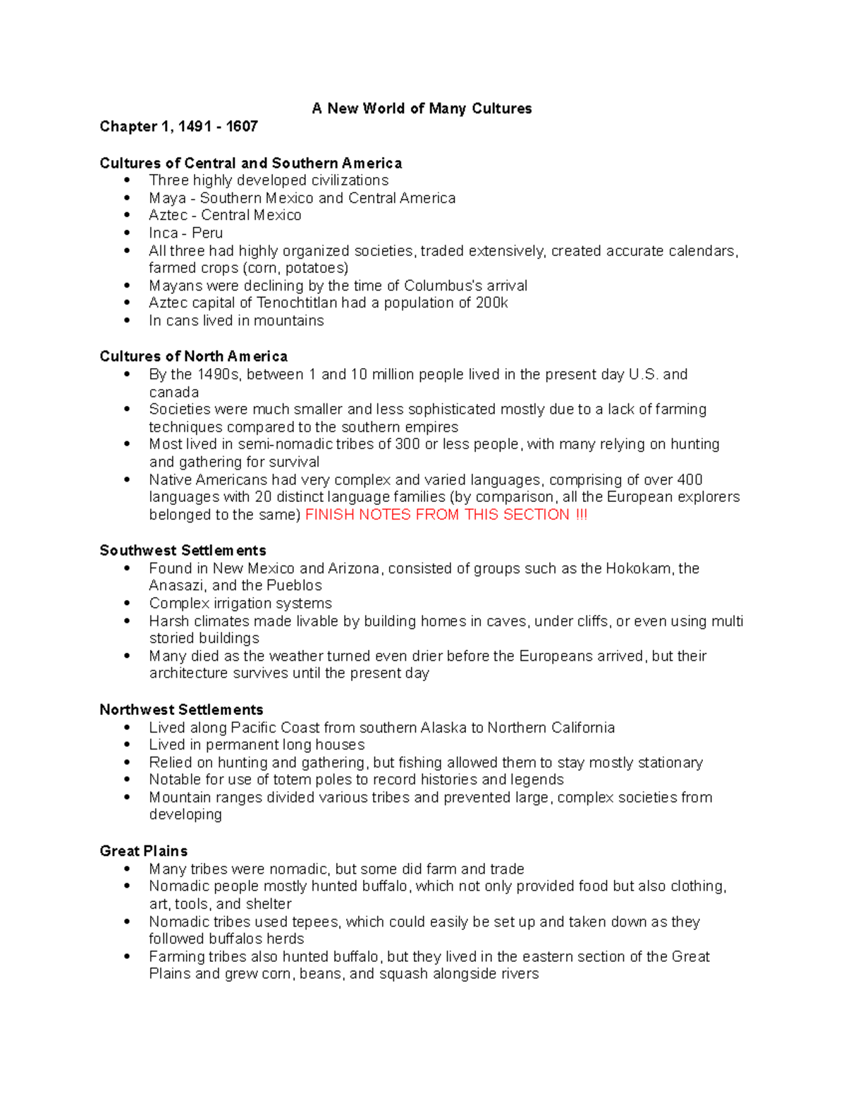 AP U.S. History — Chapter 1 Notes - A New World of Many Cultures ...