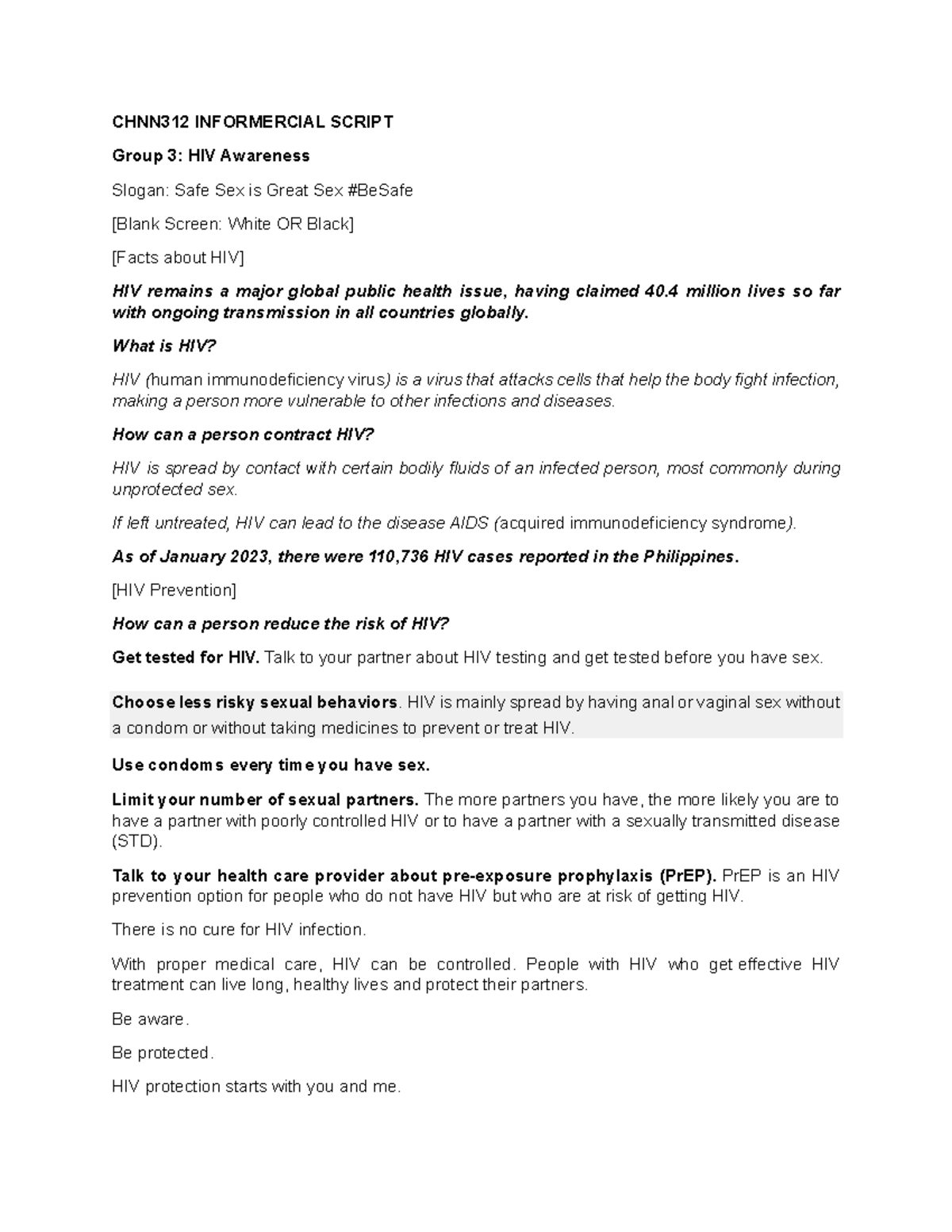 CHNN312 Informercial Script - CHNN312 INFORMERCIAL SCRIPT Group 3: HIV ...
