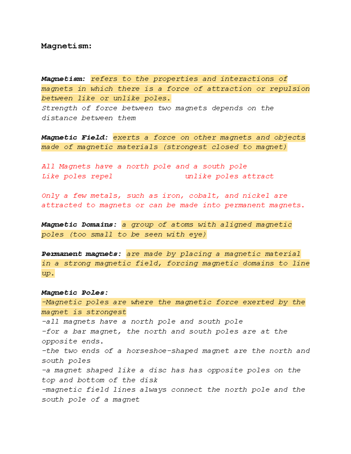 Magnetism notes Physical Science - Magnetism: Magnetism: refers to the ...