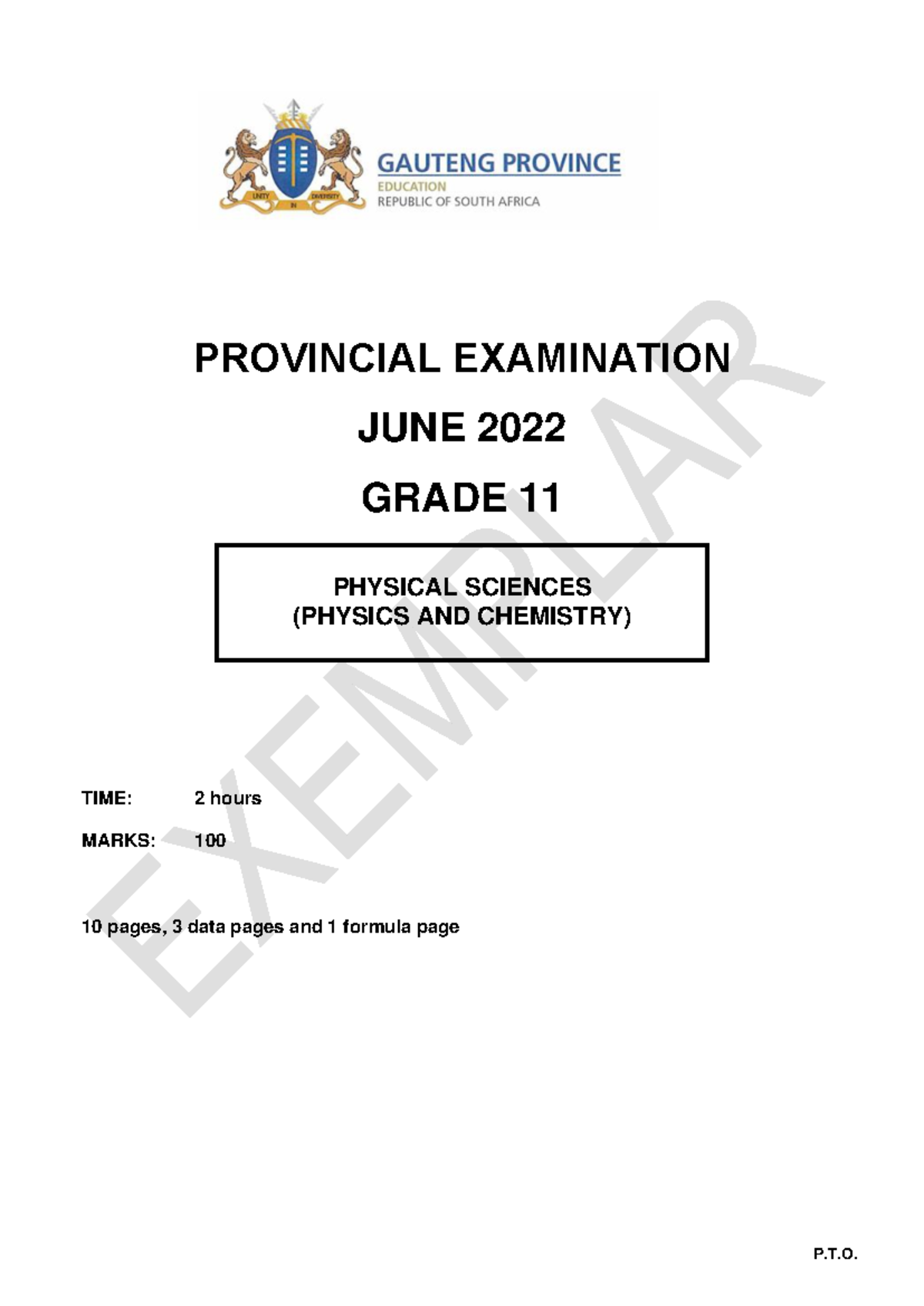 Grade 11 Provincial Examination Physical Sciences (English) June 2022 ...