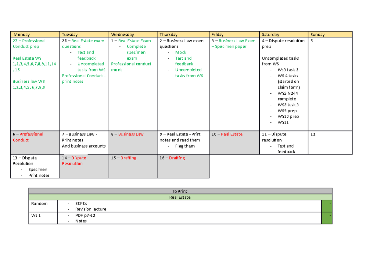 Exam week timetable - Monday Tuesday Wednesday Thursday Friday Saturday ...