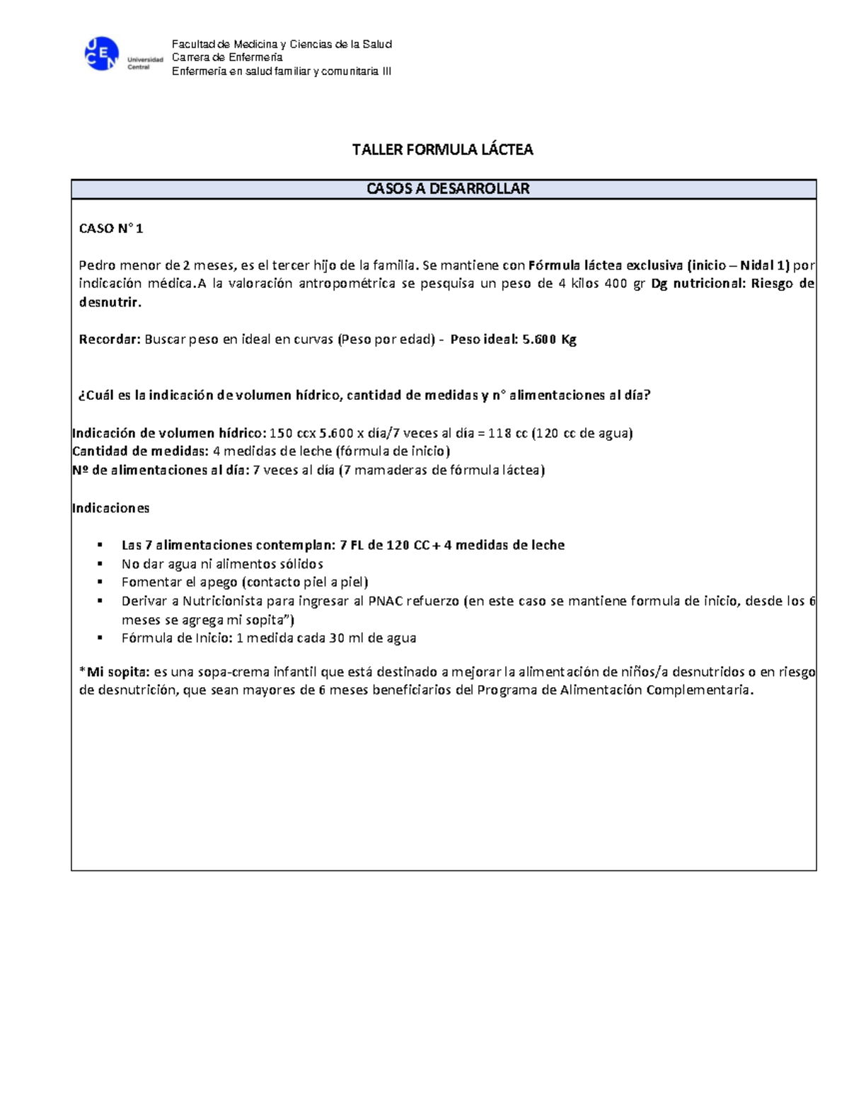 Taller Formula Lactea Ejercicios Resueltos - Carrera de Enfermería ...