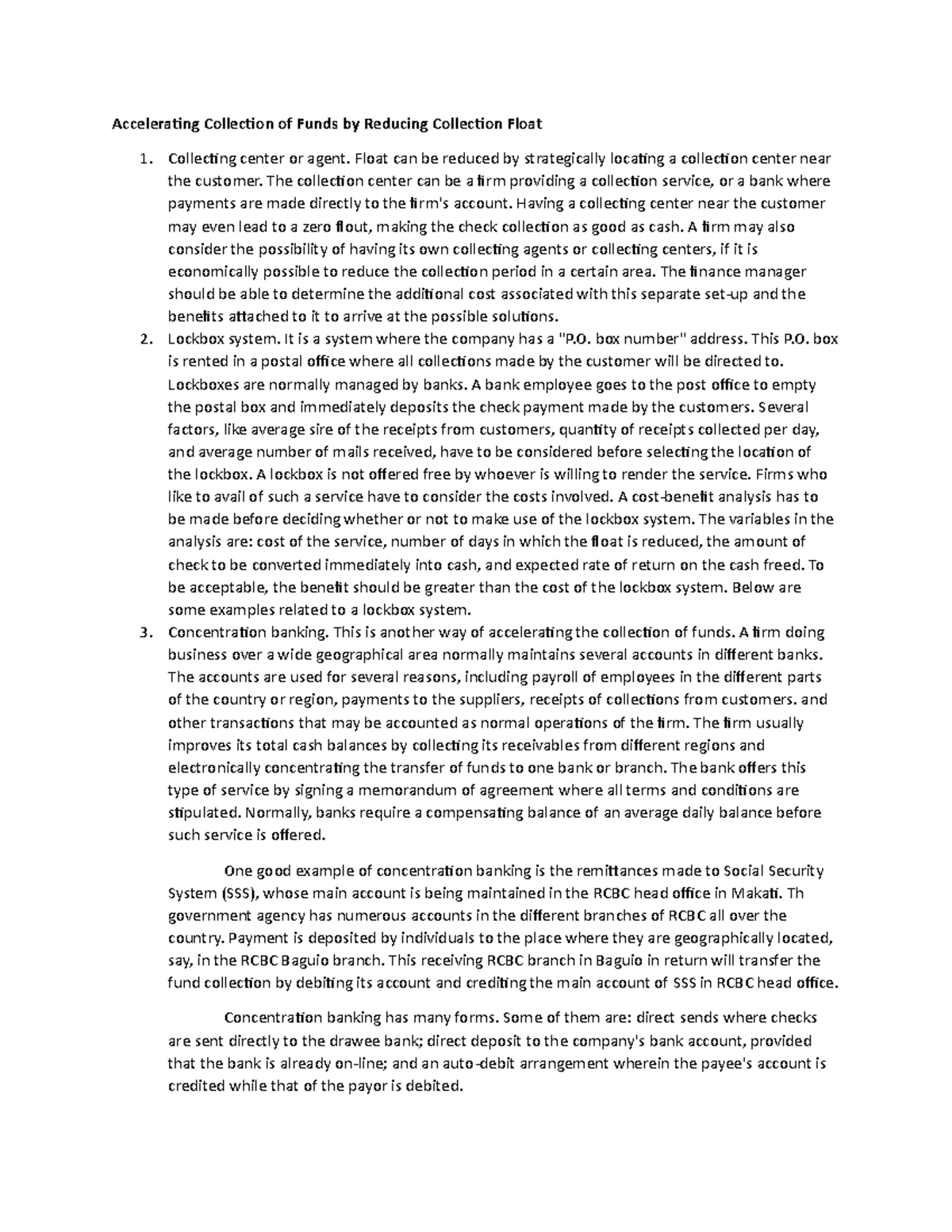 Accelerating Collection of Funds by Reducing Collection Float - Float ...