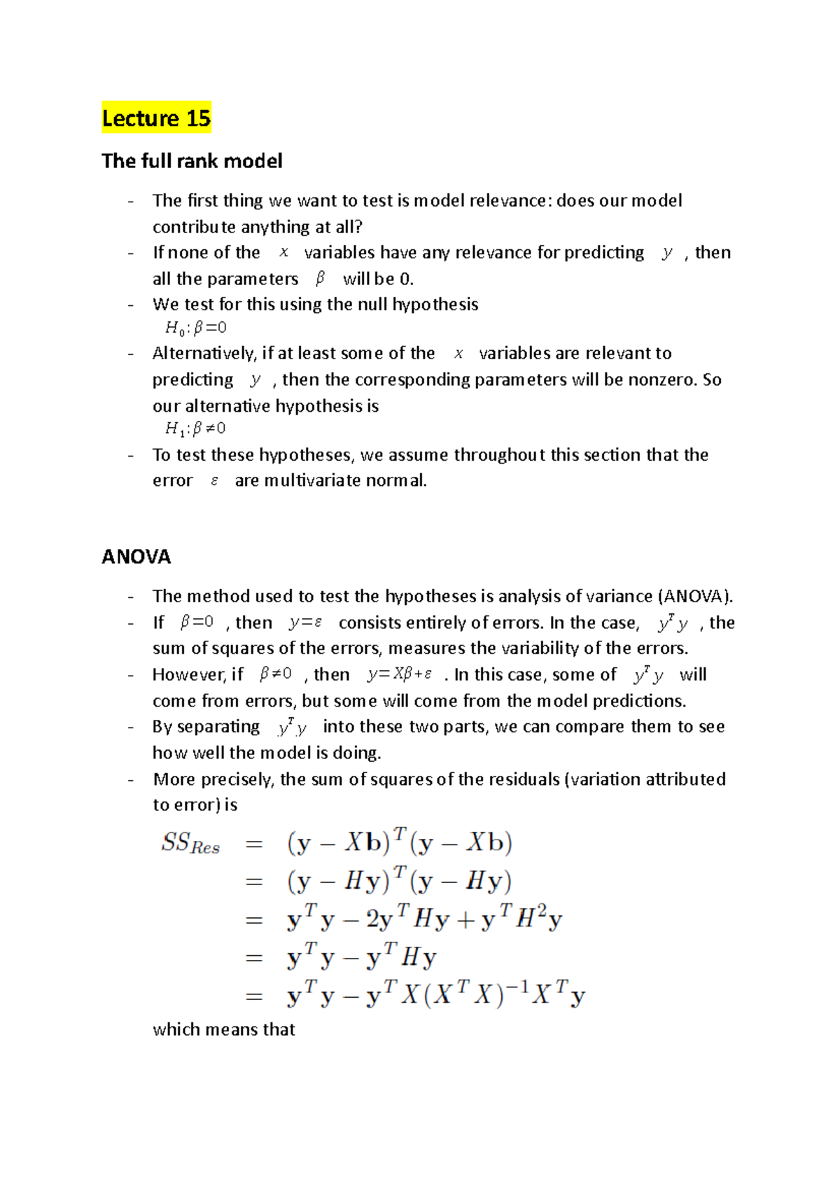 Lecture 15: The full rank model, ANOVA - Lecture 15 The full rank model ...