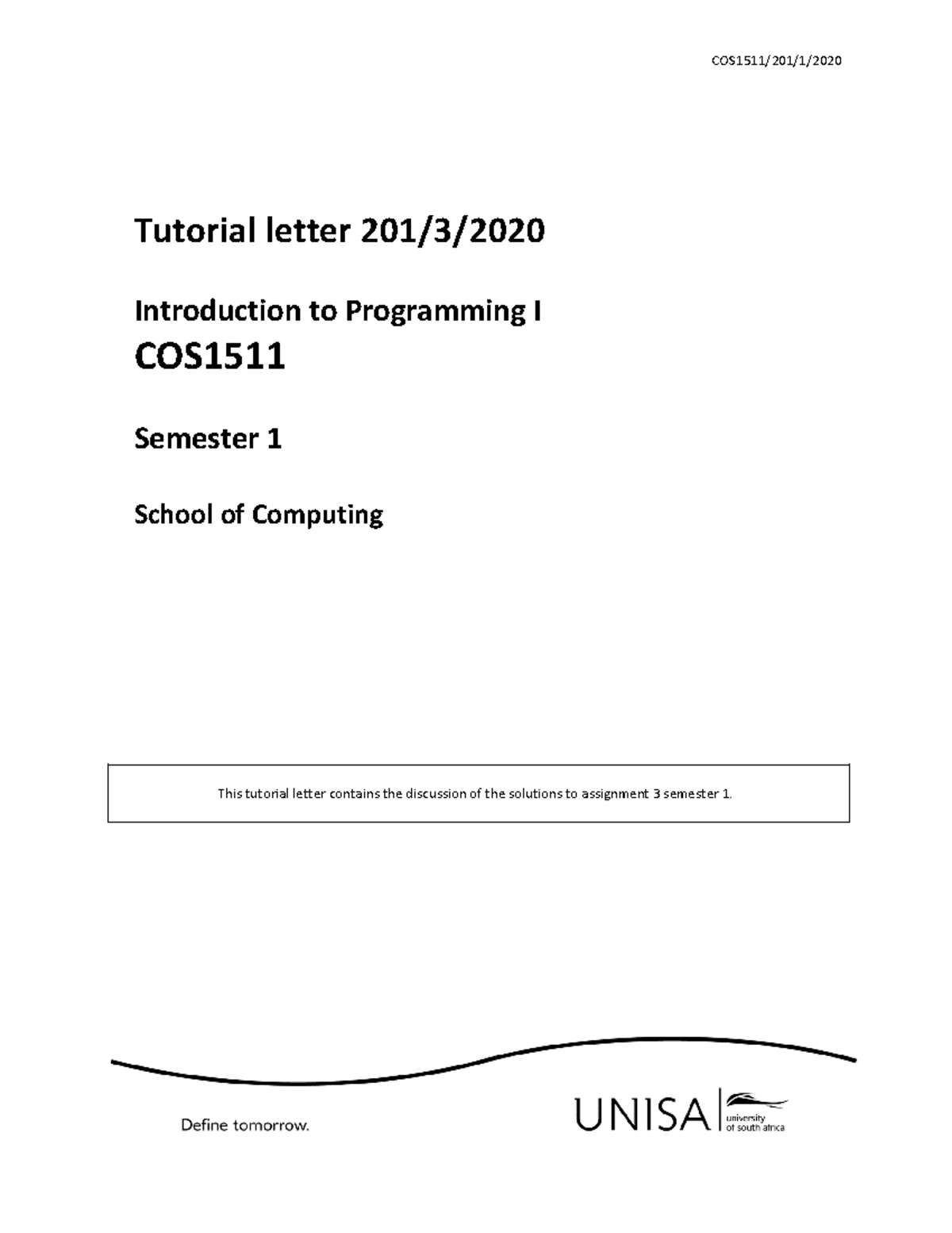 Tutorial letter 201-3-2020 - COS1511/201/1/2020 Tutorial letter 201/3 ...