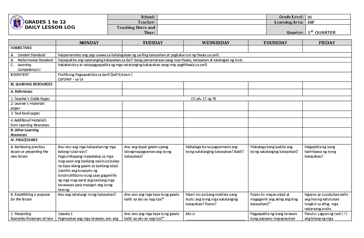 DLL ESP 3 Q1 W1 - GRADES 1 to 12 DAILY LESSON LOG School: Grade Level ...