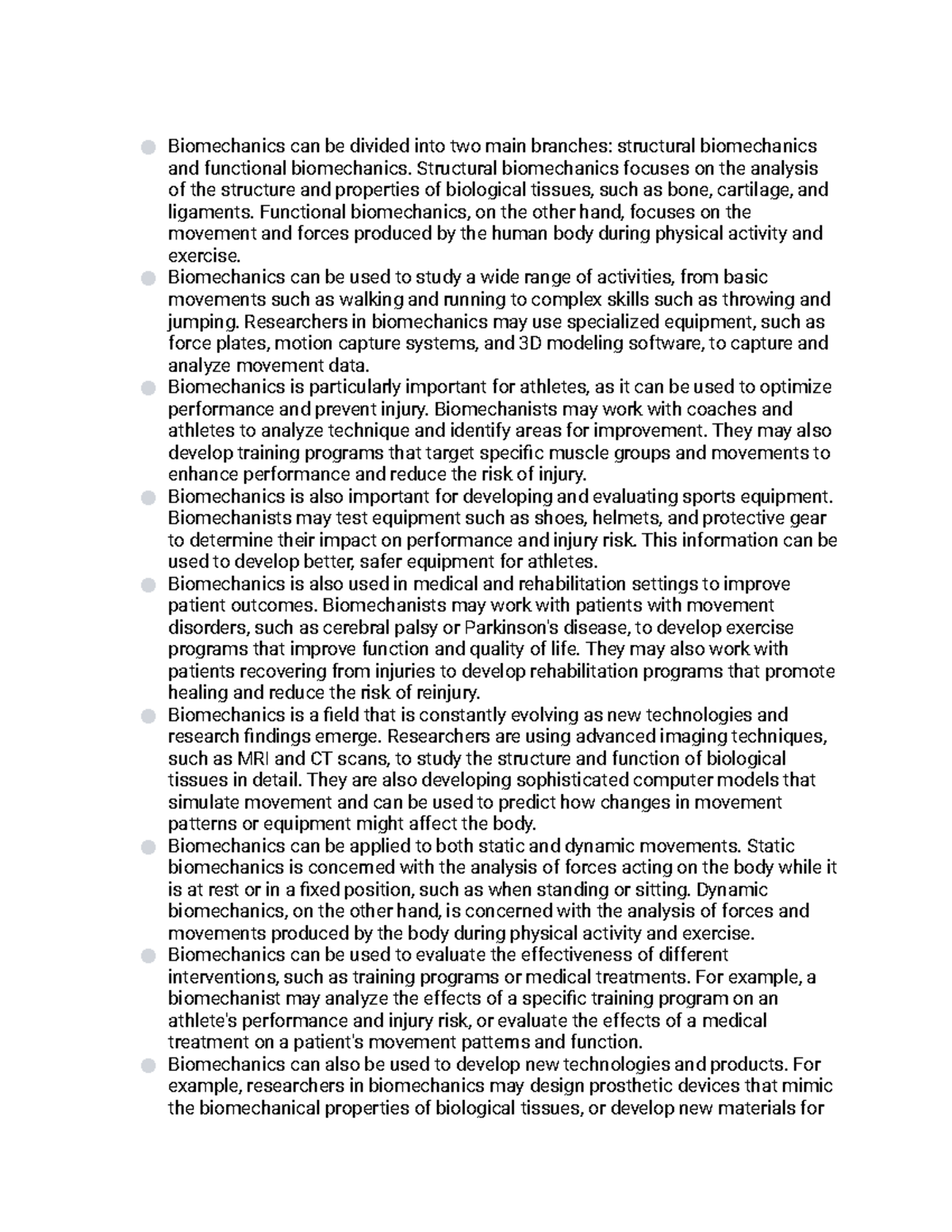 Biomechanics notes - Biomechanics can be divided into two main branches ...