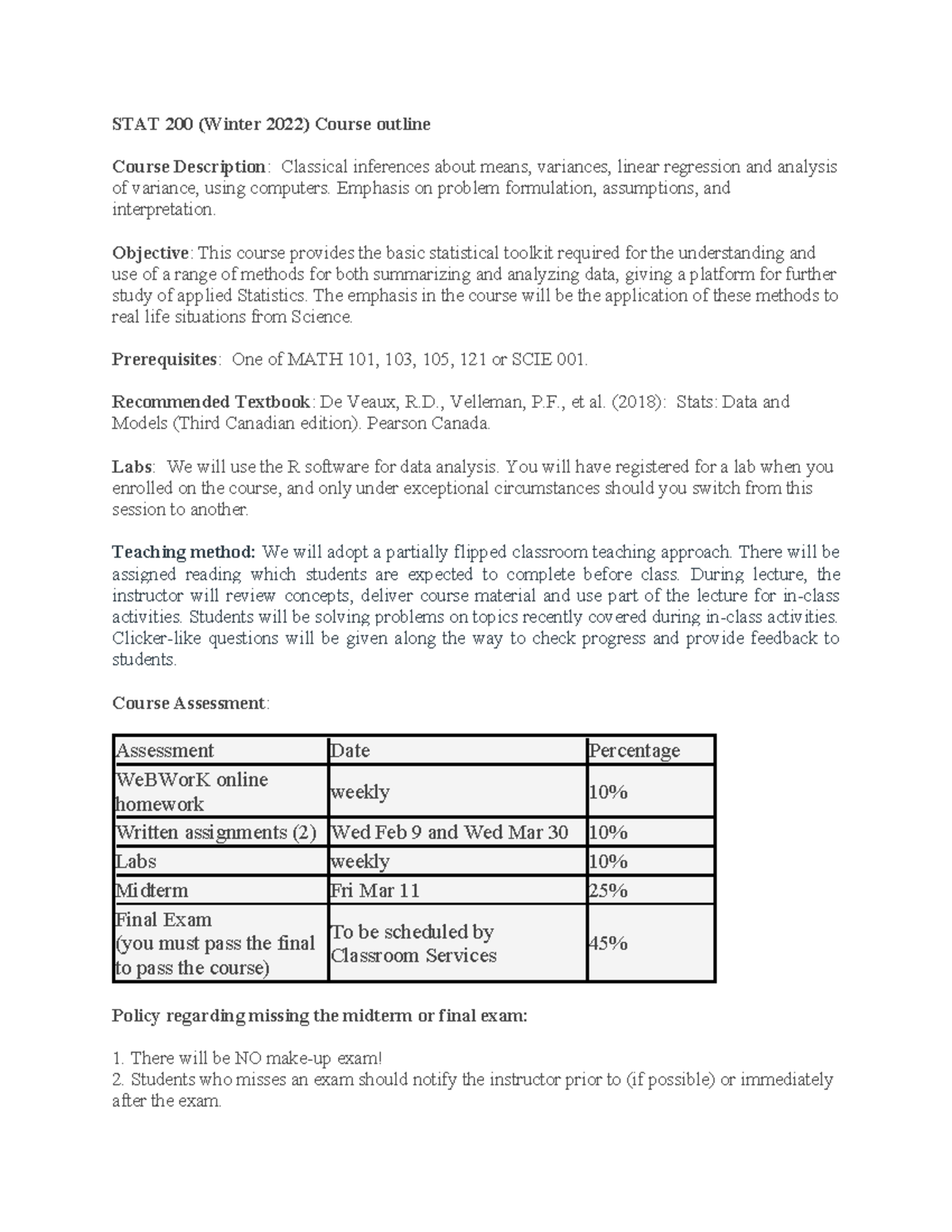 Stat 200 outline 2021wt2 - STAT 200 (Winter 2022) Course outline Course ...