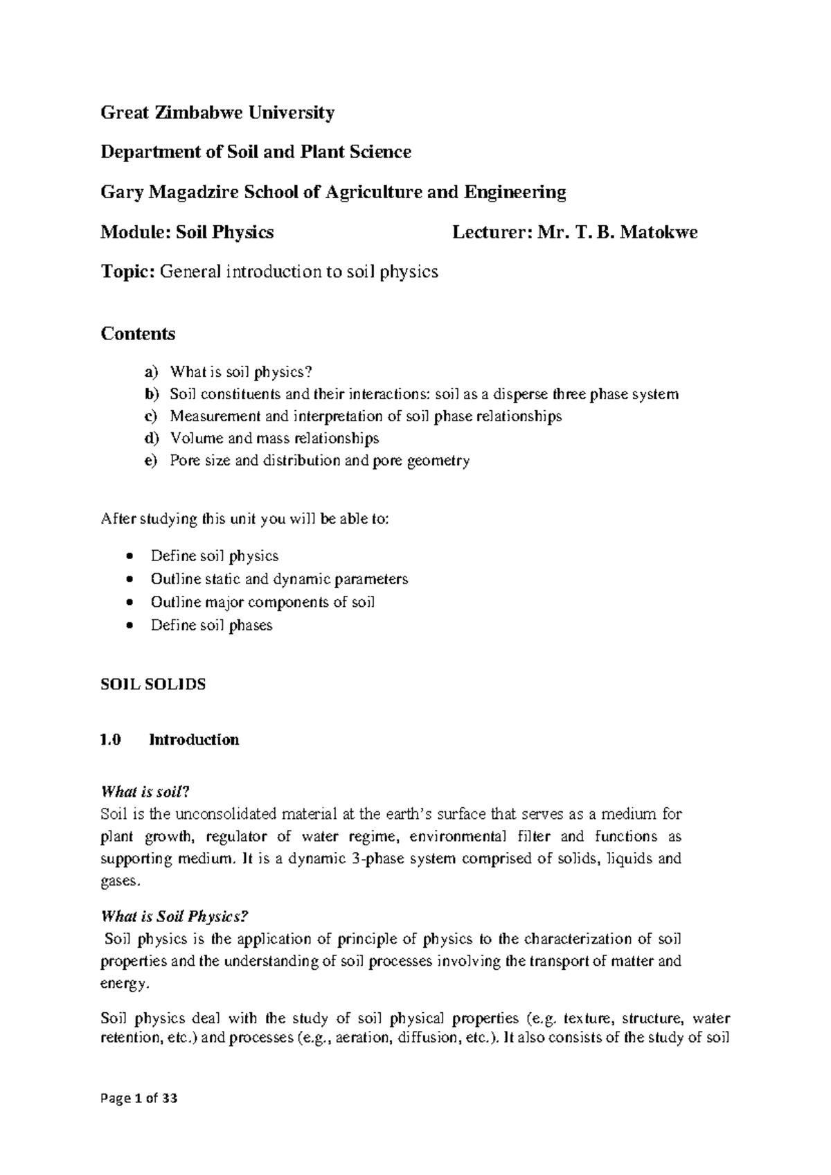 Lecture 1 General introduction to Soil Physics - Great Zimbabwe ...