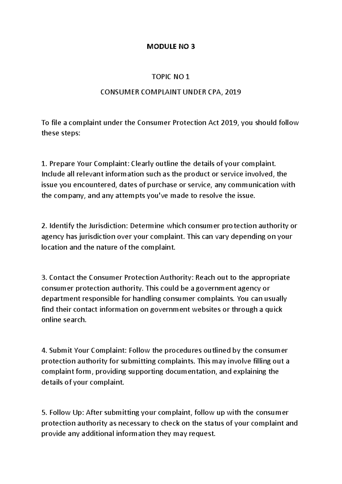 Moduleno 3 - MODULE NO 3 TOPIC NO 1 CONSUMER COMPLAINT UNDER CPA, 2019 ...
