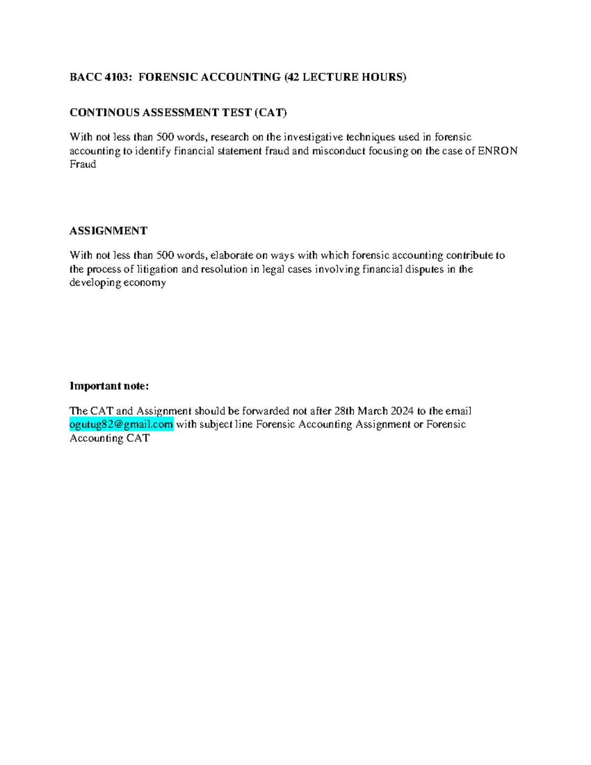 Forensic Accounting CAT AND ASSIGNMENT - BACC 4 103 : FORENSIC ...