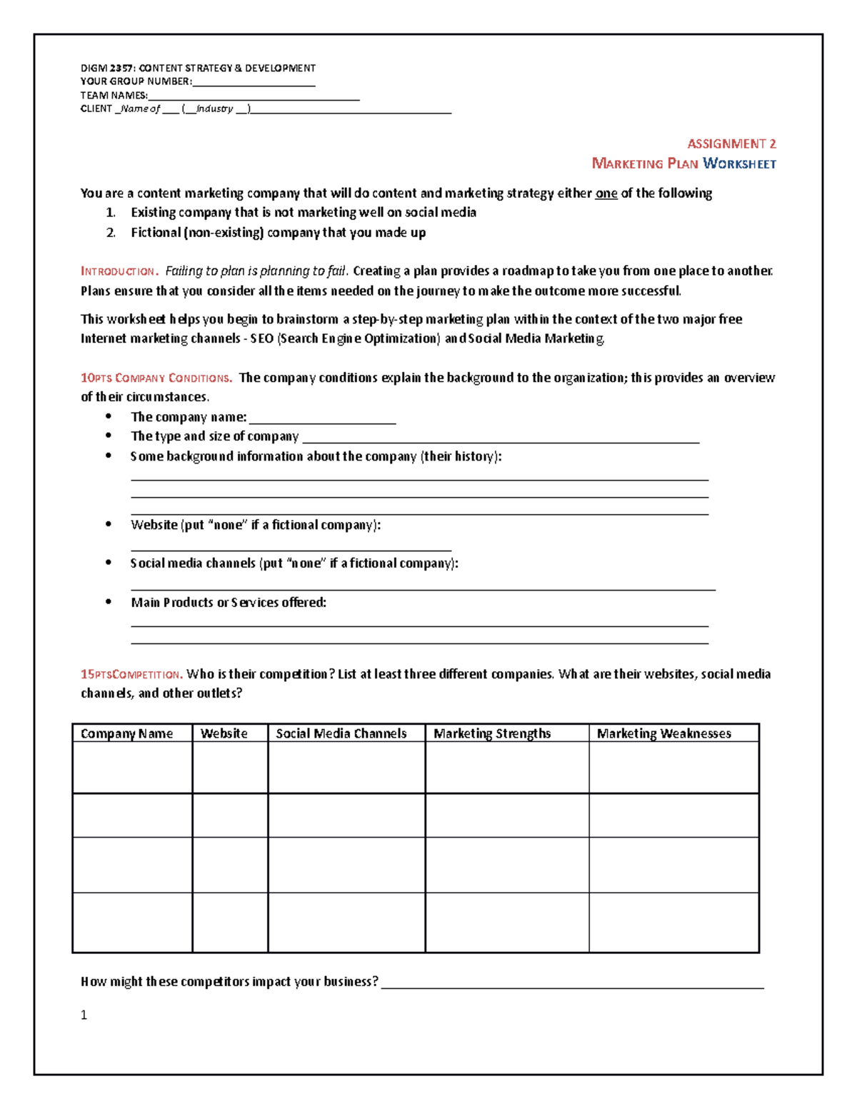 Assign 2 Marketing Plan Worksheet - DIGM 2357: CONTENT STRATEGY ...