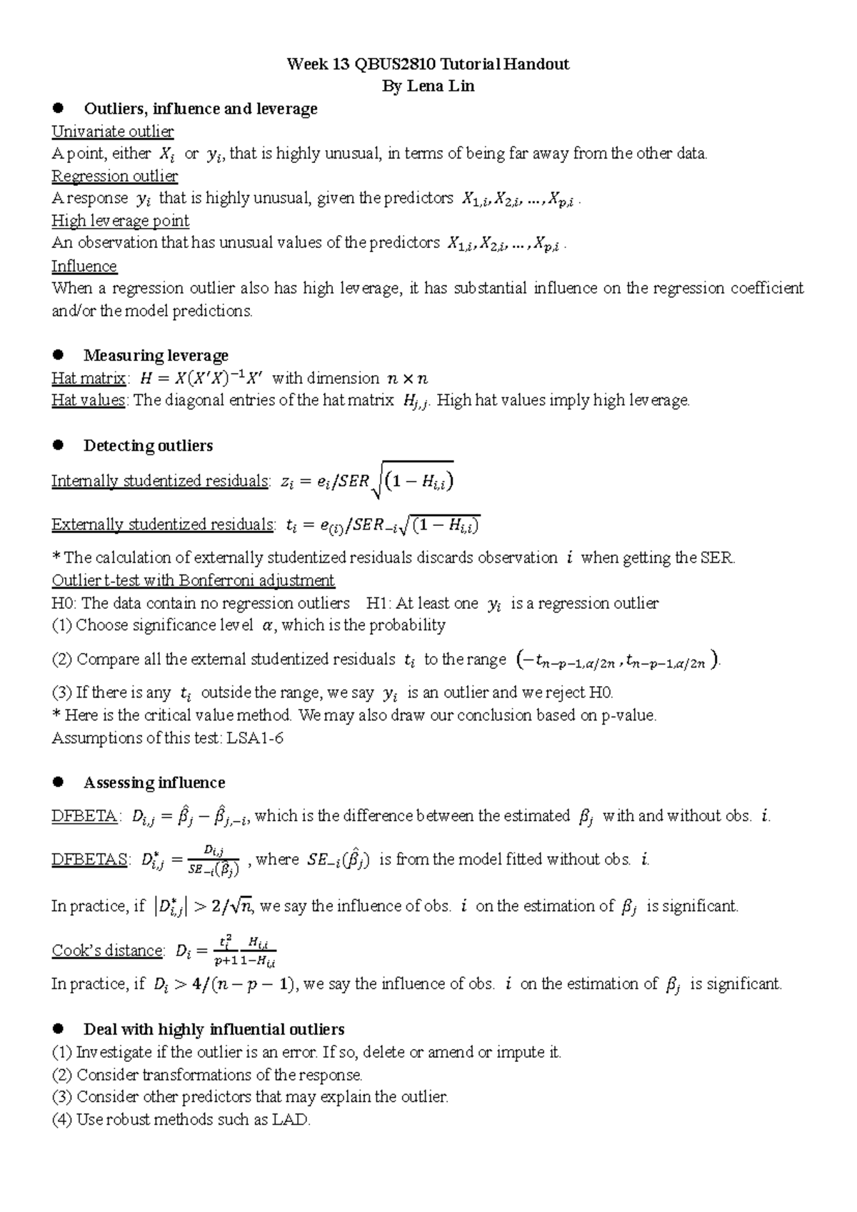 QBUS2810 W13 - T13 Handout - Week 13 QBUS2810 Tutorial Handout By Lena Lin ⚫ Outliers, influence ...