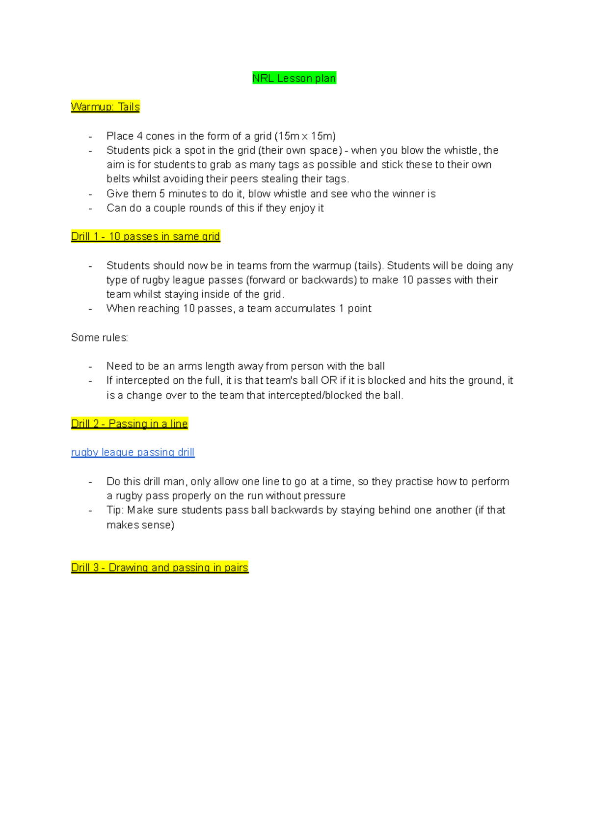 NRL Lesson plan - NRL Lesson plan Warmup: Tails Place 4 cones in the ...