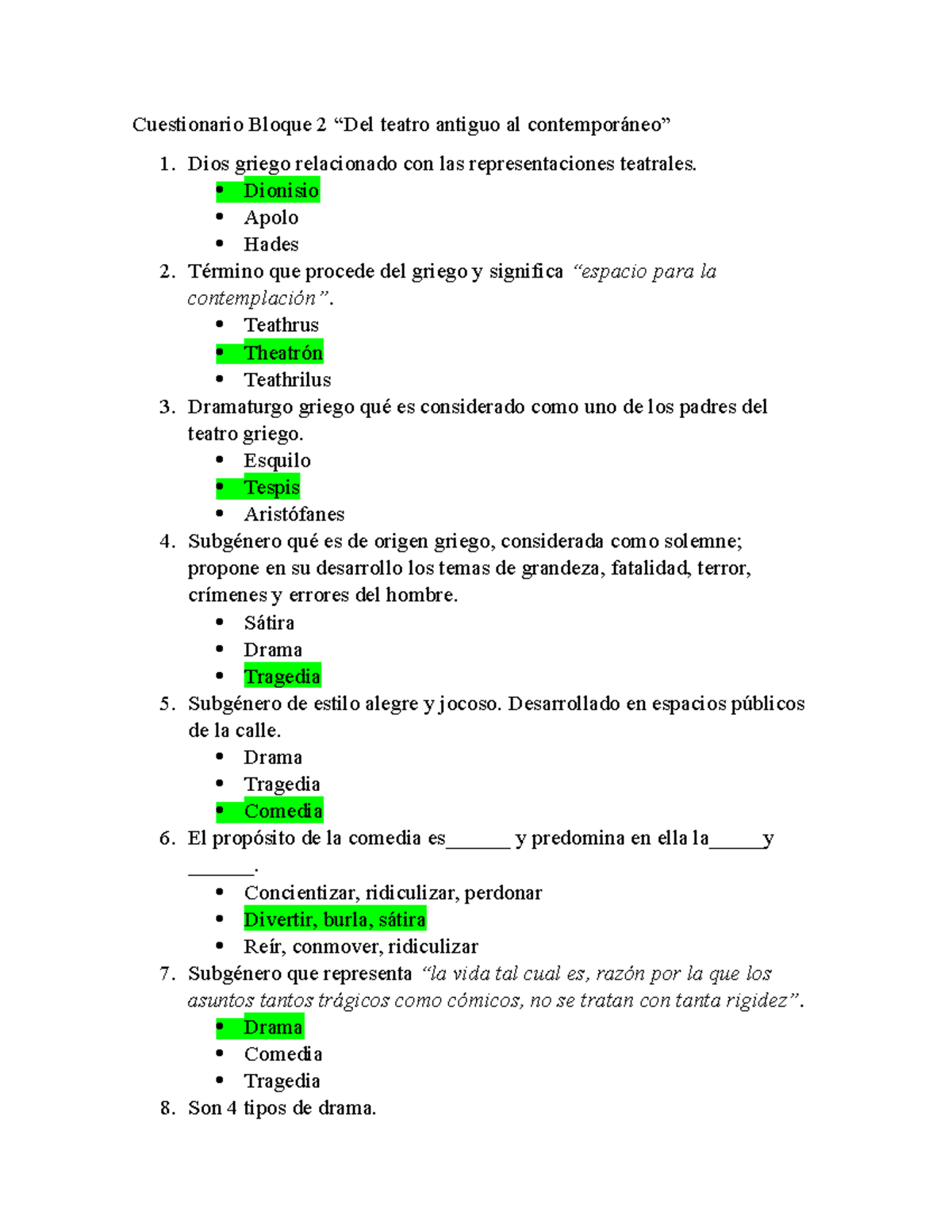 Cuestionario Bloque 2 Literatura II - Cuestionario Bloque 2 “Del teatro ...