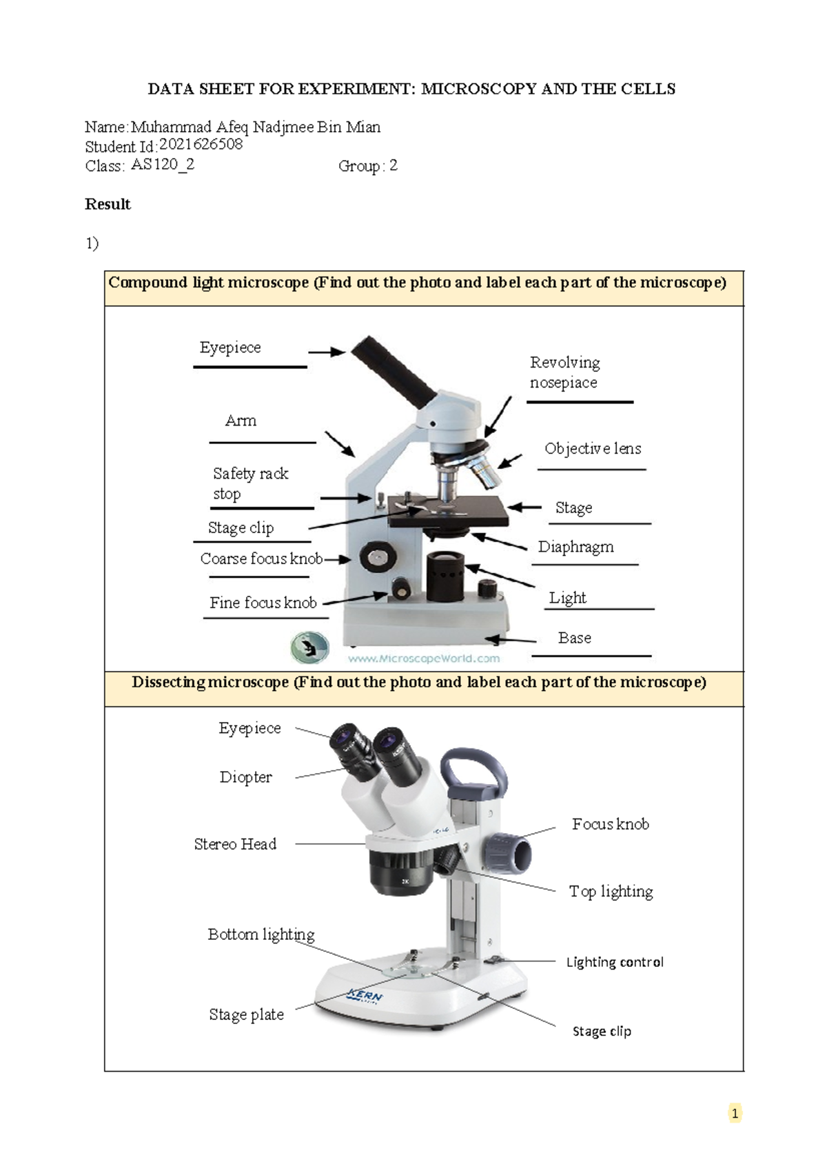Lab week 4 new - MICROSCOPE - 1 DATA SHEET FOR EXPERIMENT: MICROSCOPY ...