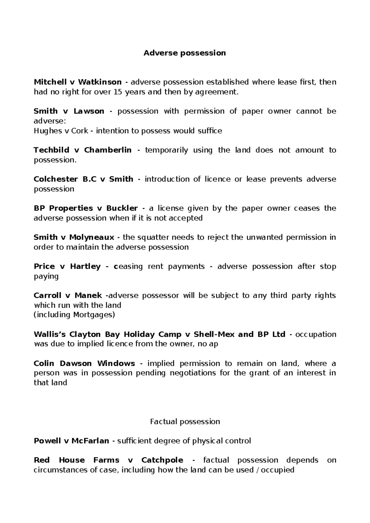 Case list - AP - case list of adverse possession - Adverse possession Mitchell v Watkinson ...