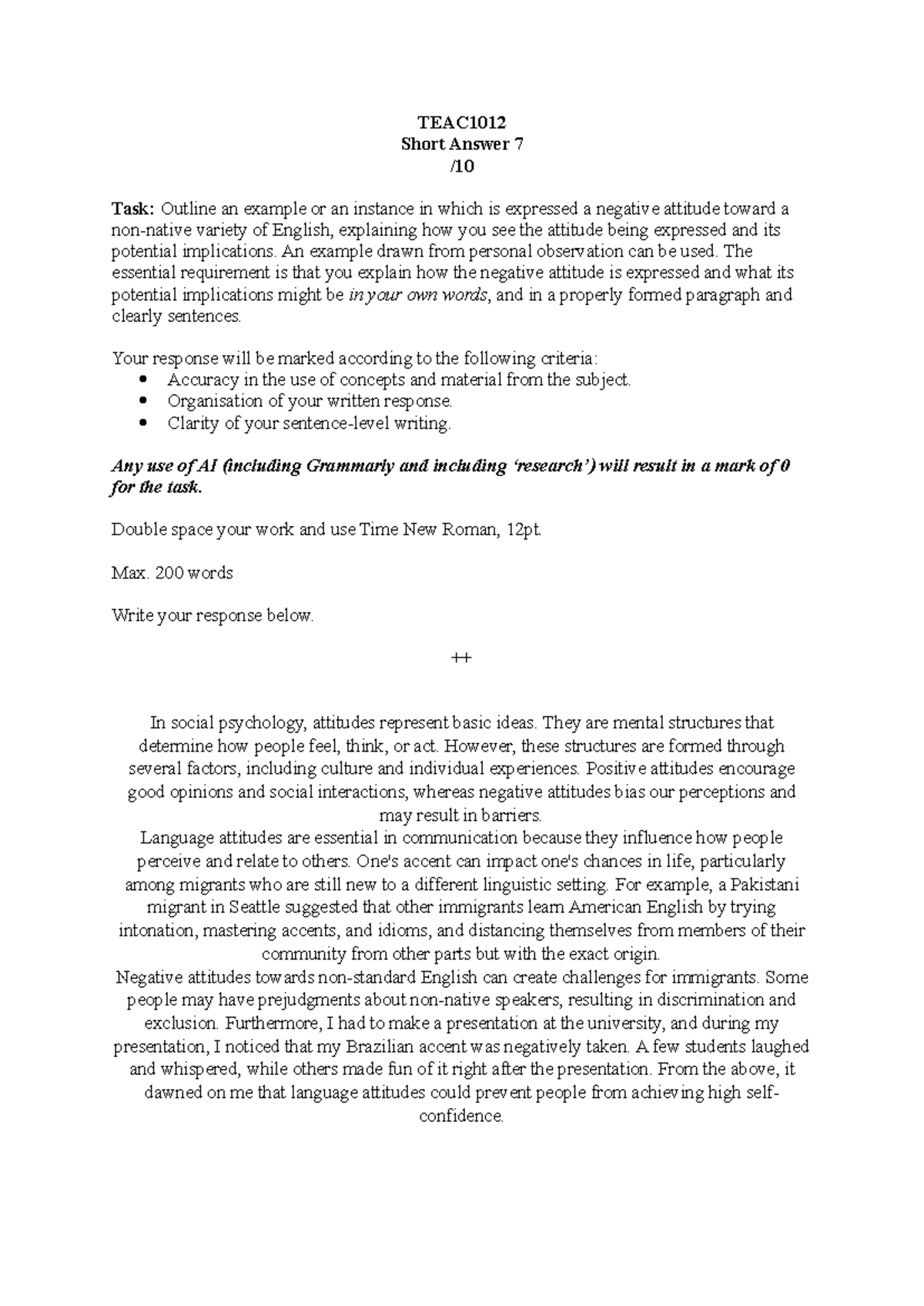 Short answer 7 - TEAC Short Answer 7 / Task: Outline an example or an instance in which is ...