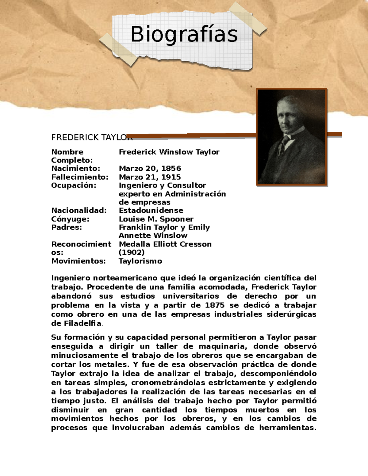 Frederick Taylor - frederin taye - FREDERICK TAYLOR Nombre Completo ...