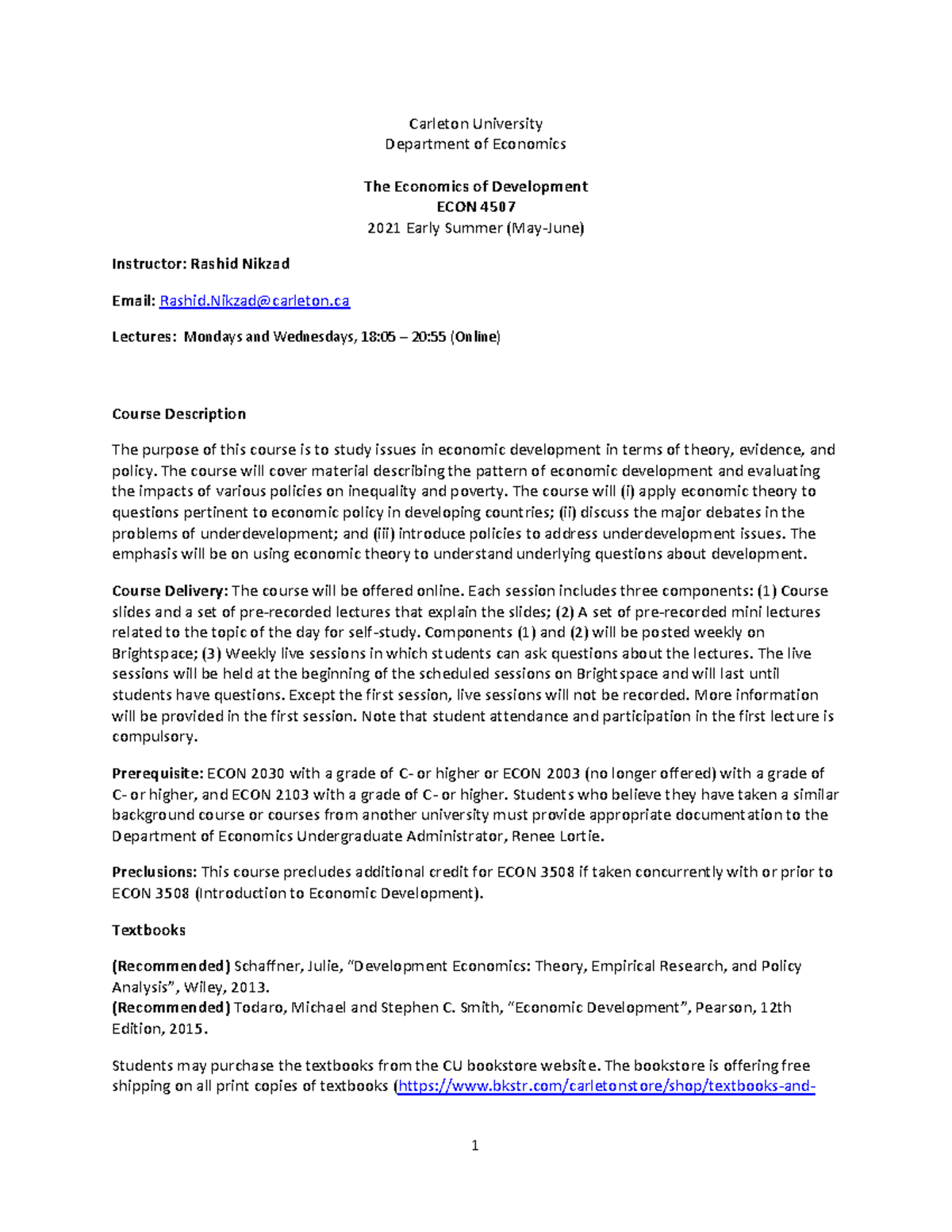 ECON 4507 - Course Outline - Summer 2021 - Carleton University ...