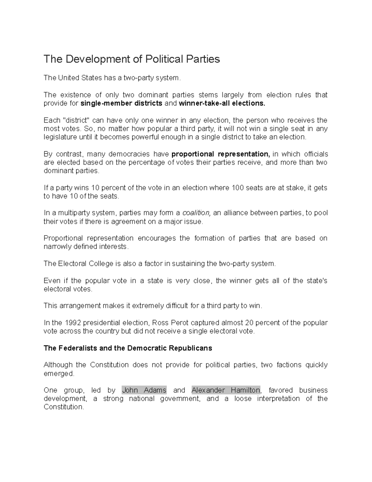 The Development of Political Parties - The existence of only two ...