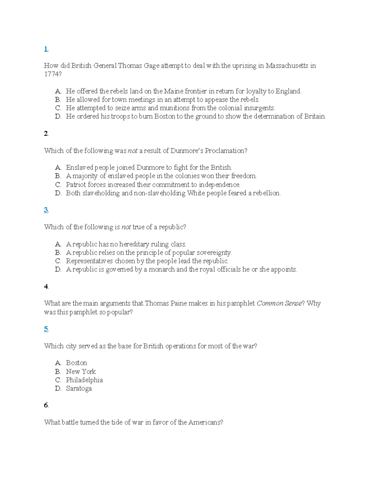 US History Chapter 6 Review Questions - 1. How did British General ...