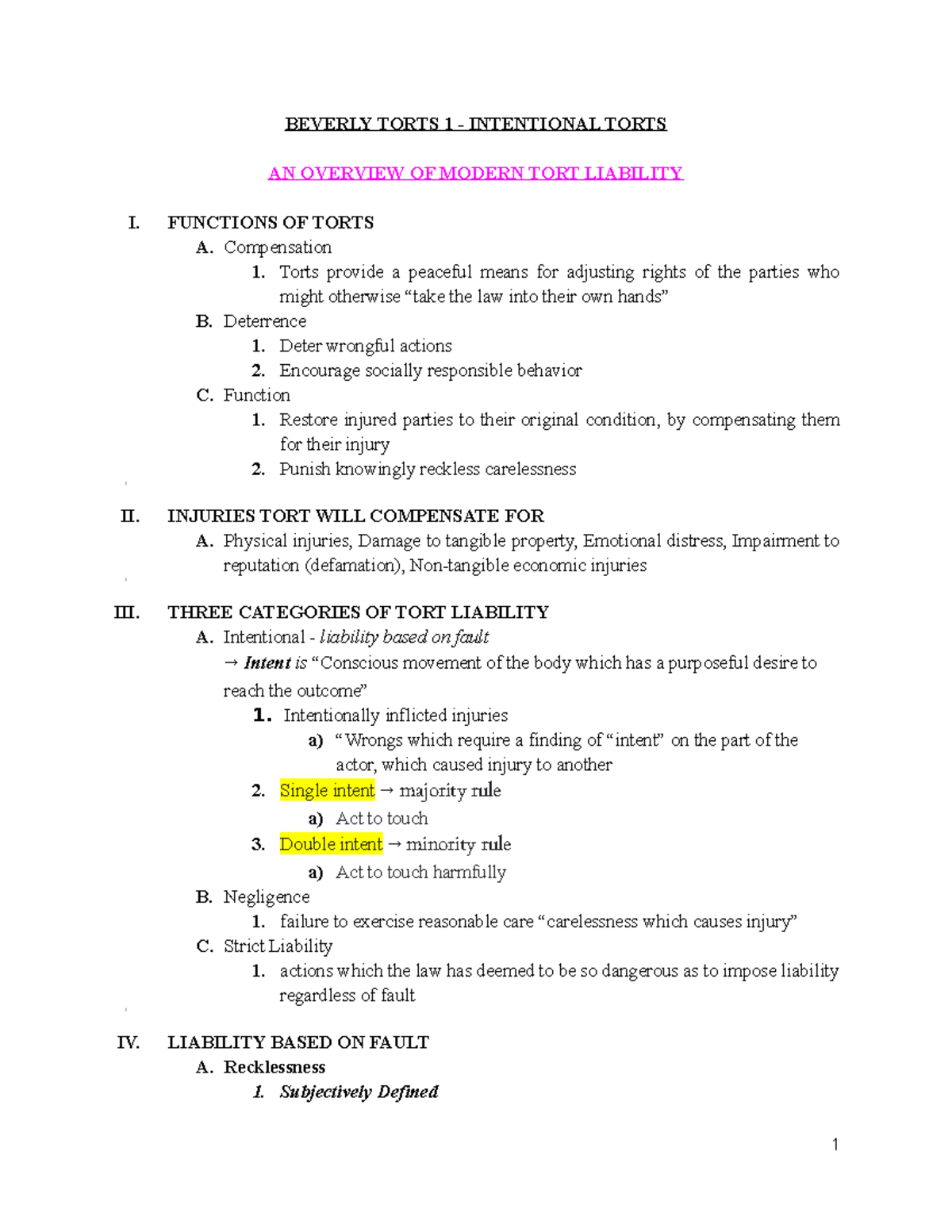 Torts Outline FOR Final - BEVERLY TORTS 1 - INTENTIONAL TORTS AN ...