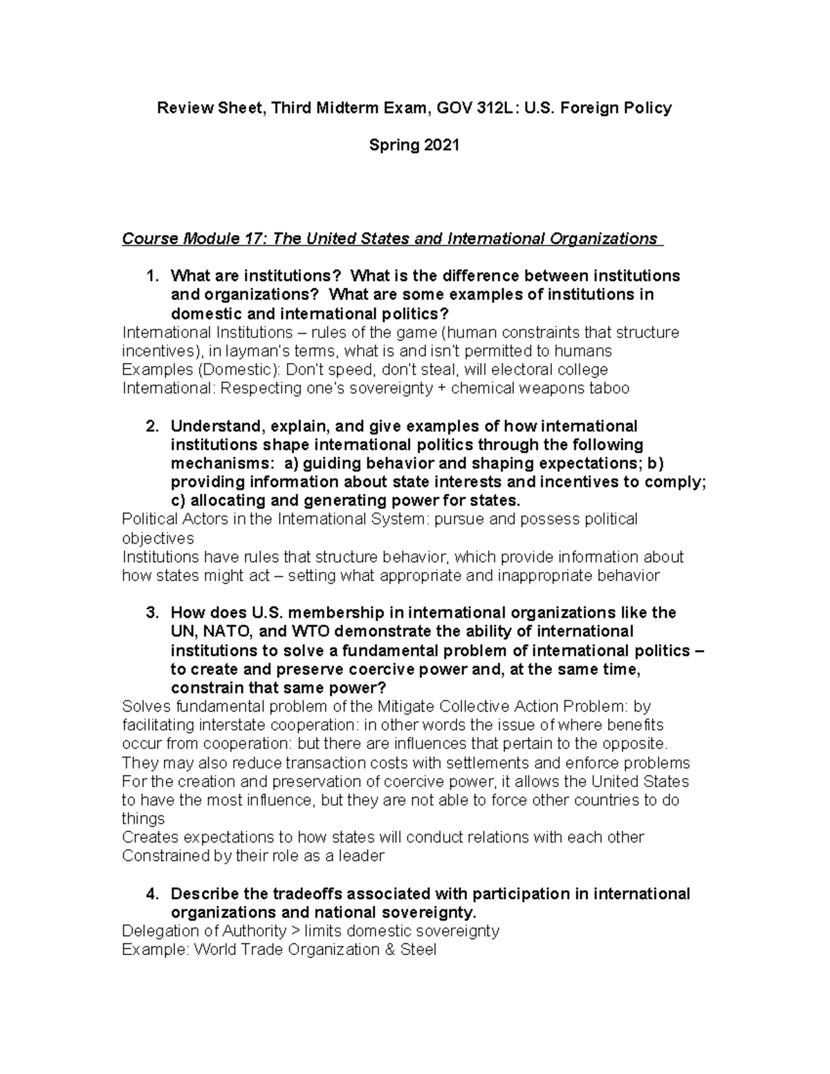 GOV 312 Review Sheet, Exam 3, Fall 2021, 11 - Review Sheet, Third ...