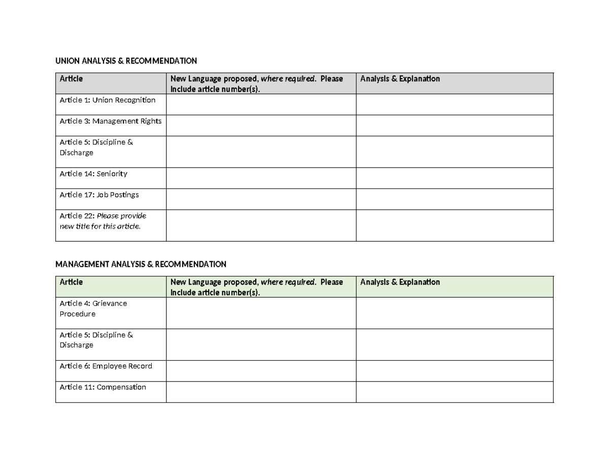 Template for Collective Agreement Analysis Submission - UNION ANALYSIS ...