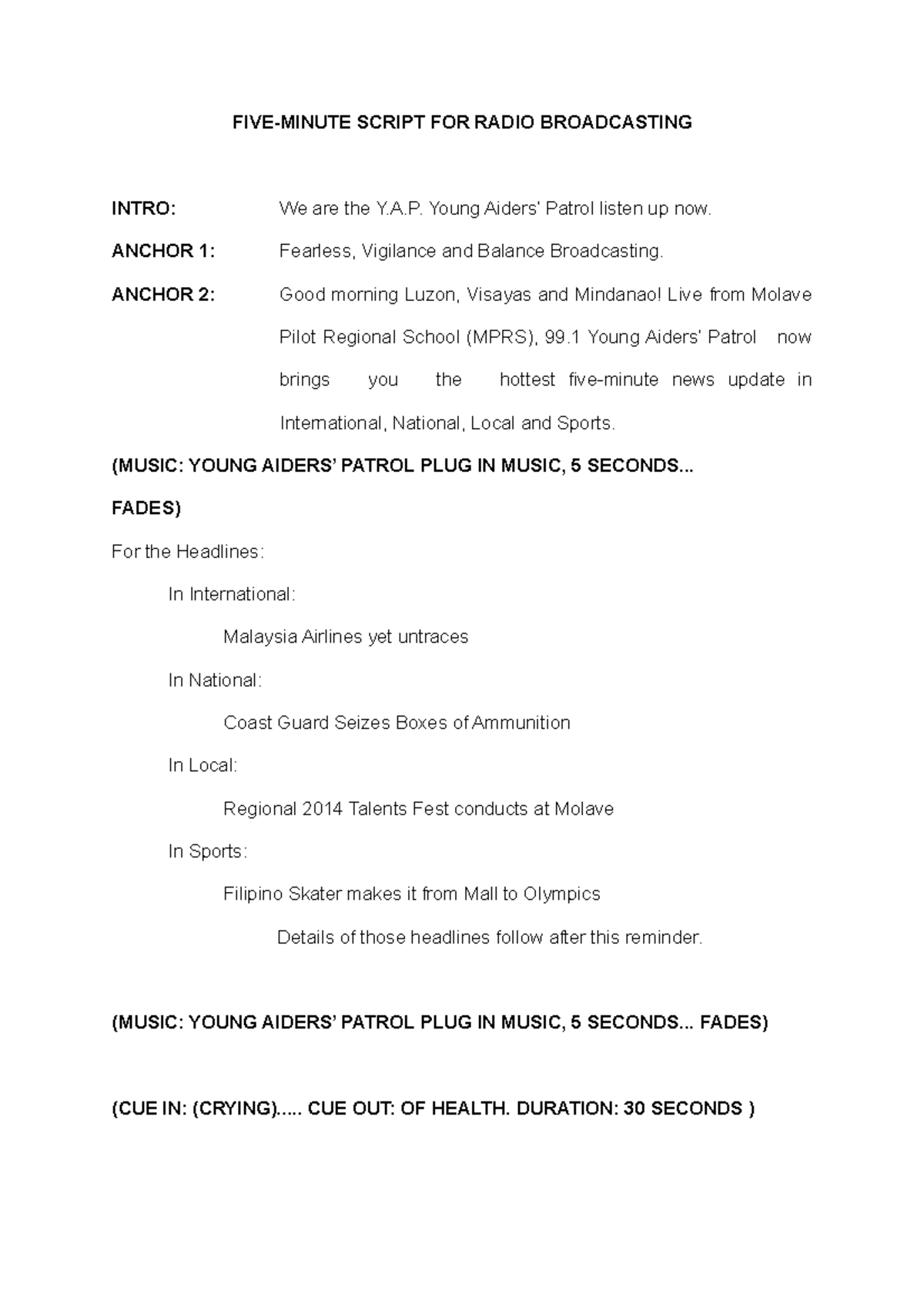 5 Minute Radio Broadcasting English Seco FIVE MINUTE SCRIPT FOR RADIO