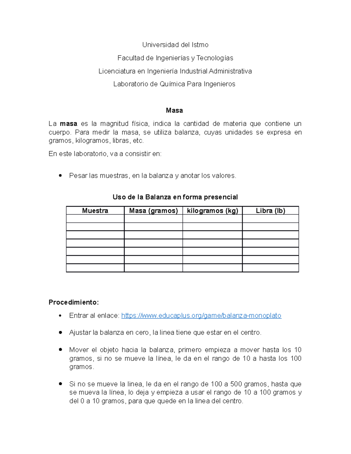Laboratorio+Qu%C3%ADmica+Masa - Universidad del Istmo Facultad de ...