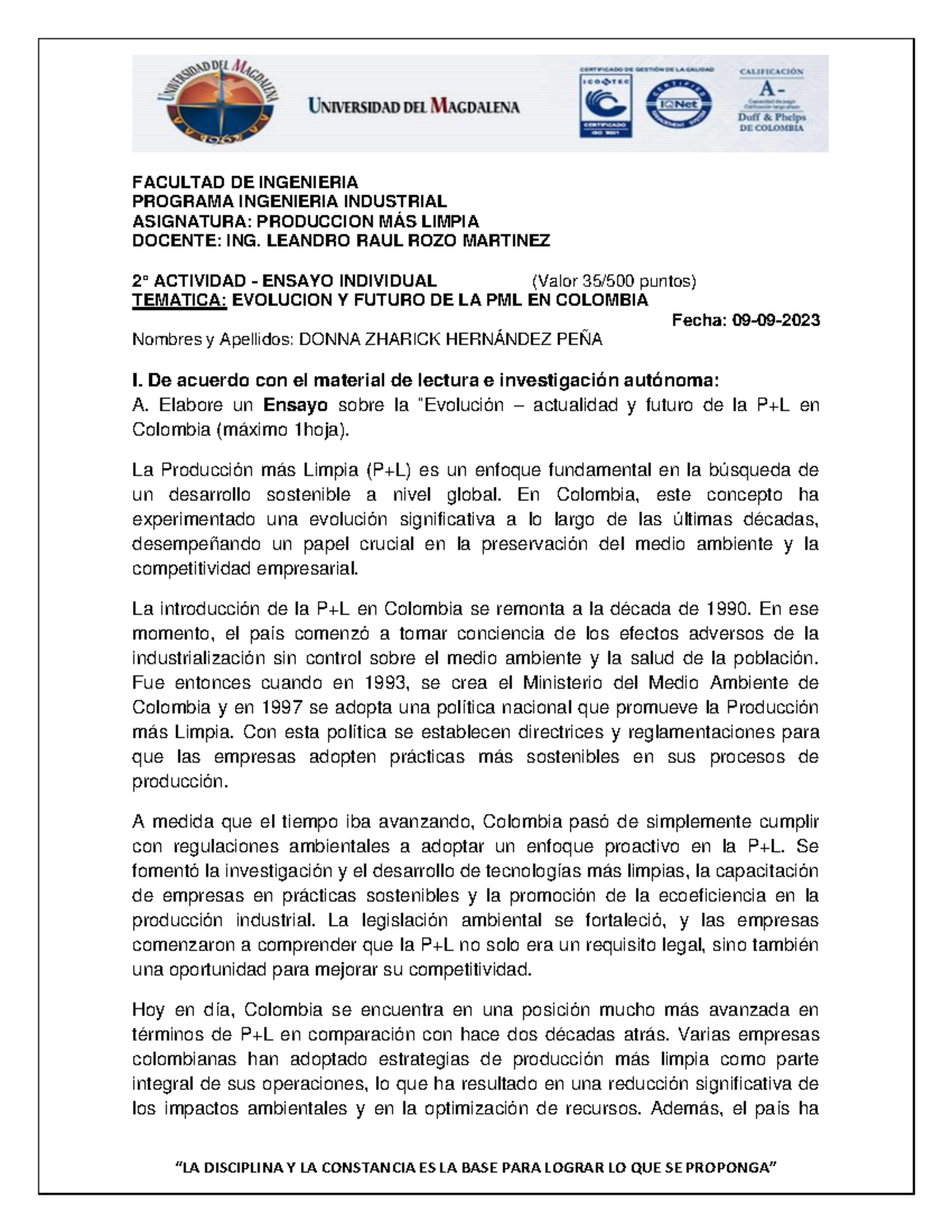 2° Act Individual Ensayo - Evolución y Futuro PML Donna Hernandez - “LA DISCIPLINA Y LA ...
