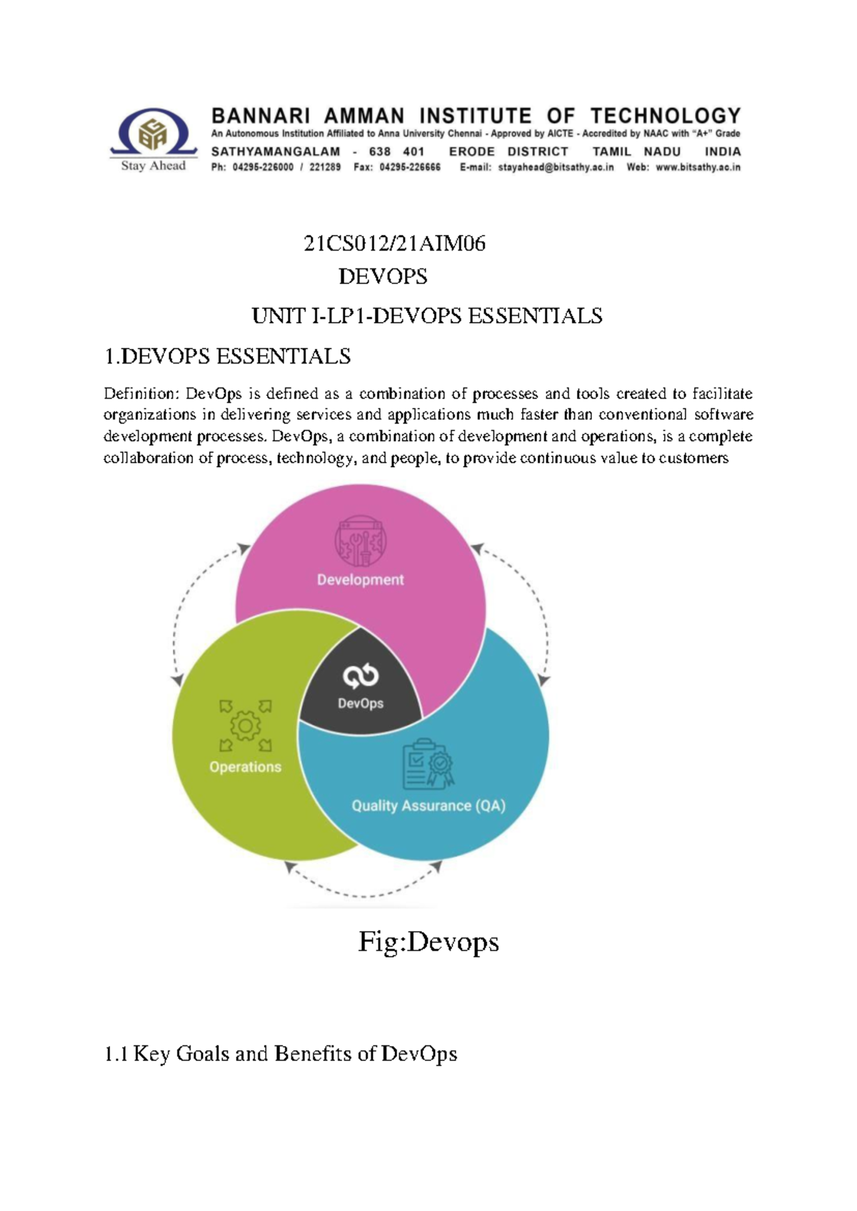 First 2 - 21CS012/21AIM DEVOPS UNIT I-LP1-DEVOPS ESSENTIALS 1 ESSENTIALS Definition: DevOps is ...