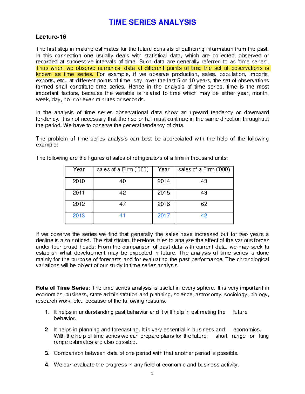 Lecture 16 Time Series Analysis Lecture The First Step In Making