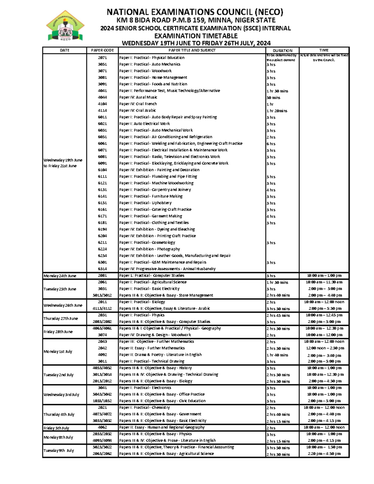 2024 SSCE I Timetable-1 - DATE PAPER CODE PAPER TITLE AND SUBJECT ...