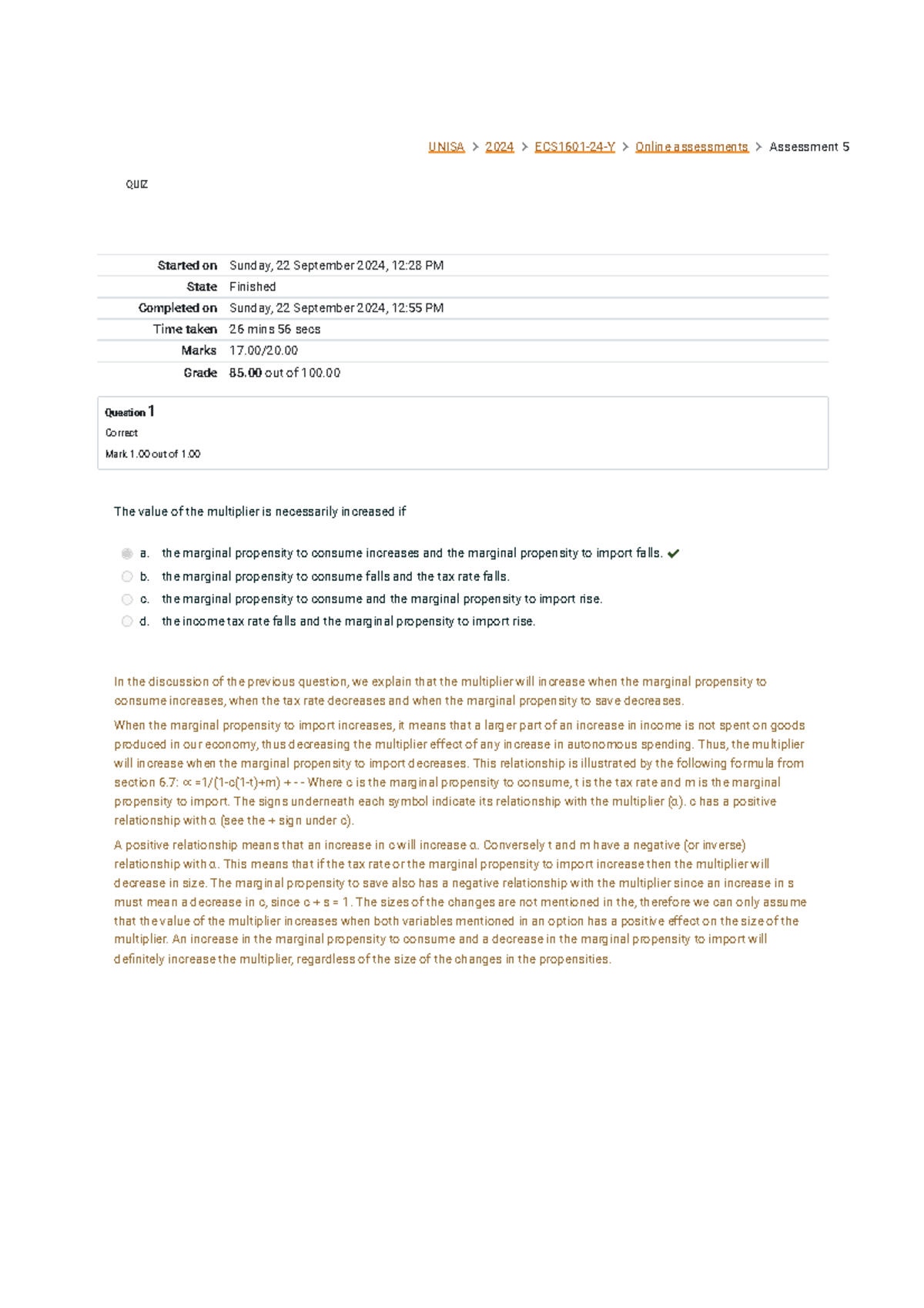 ECS1601 Assessment 5 Attempt review - UNISA 2024 ECS1601-24-Y Online assessments Assessment ...