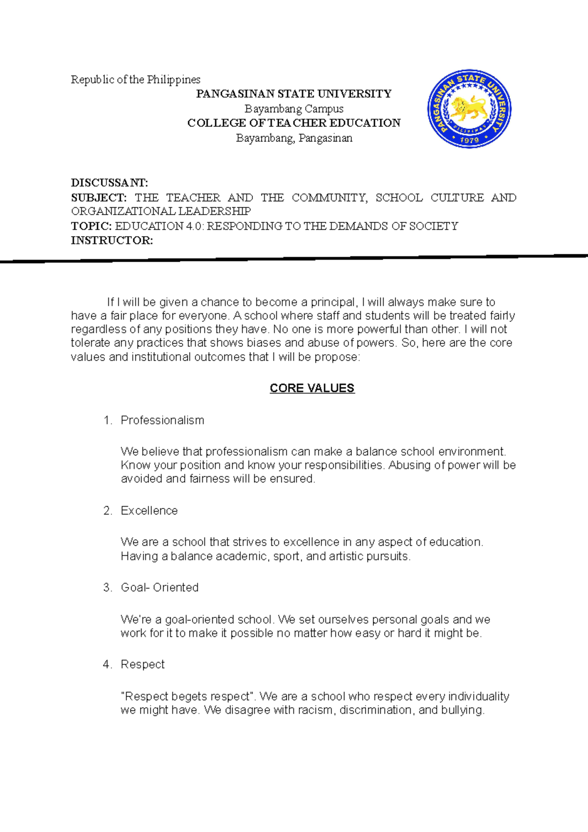 Fiero-Chiara-C. core values and institutional outcomes - Republic of ...