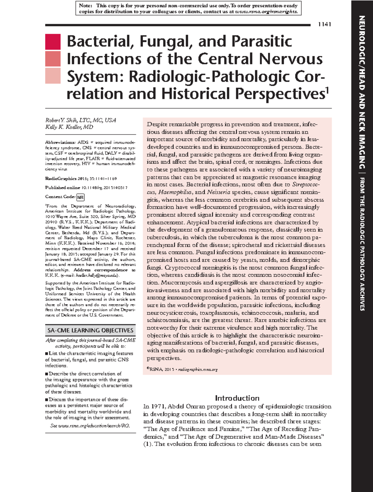 Bacterial, Fungal, and Parasitic infection of CNS - Note: This copy is ...