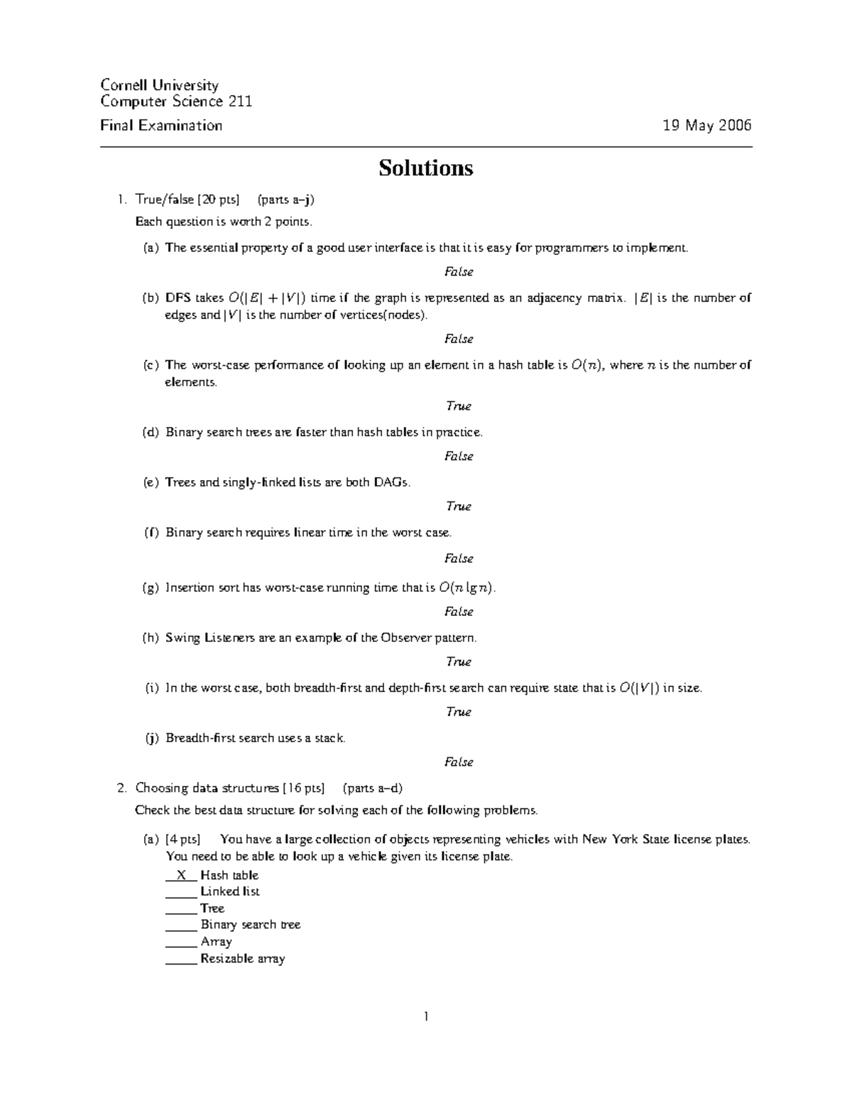 Final Solutions Spring 2006 - Cornell University Computer Science 211 ...